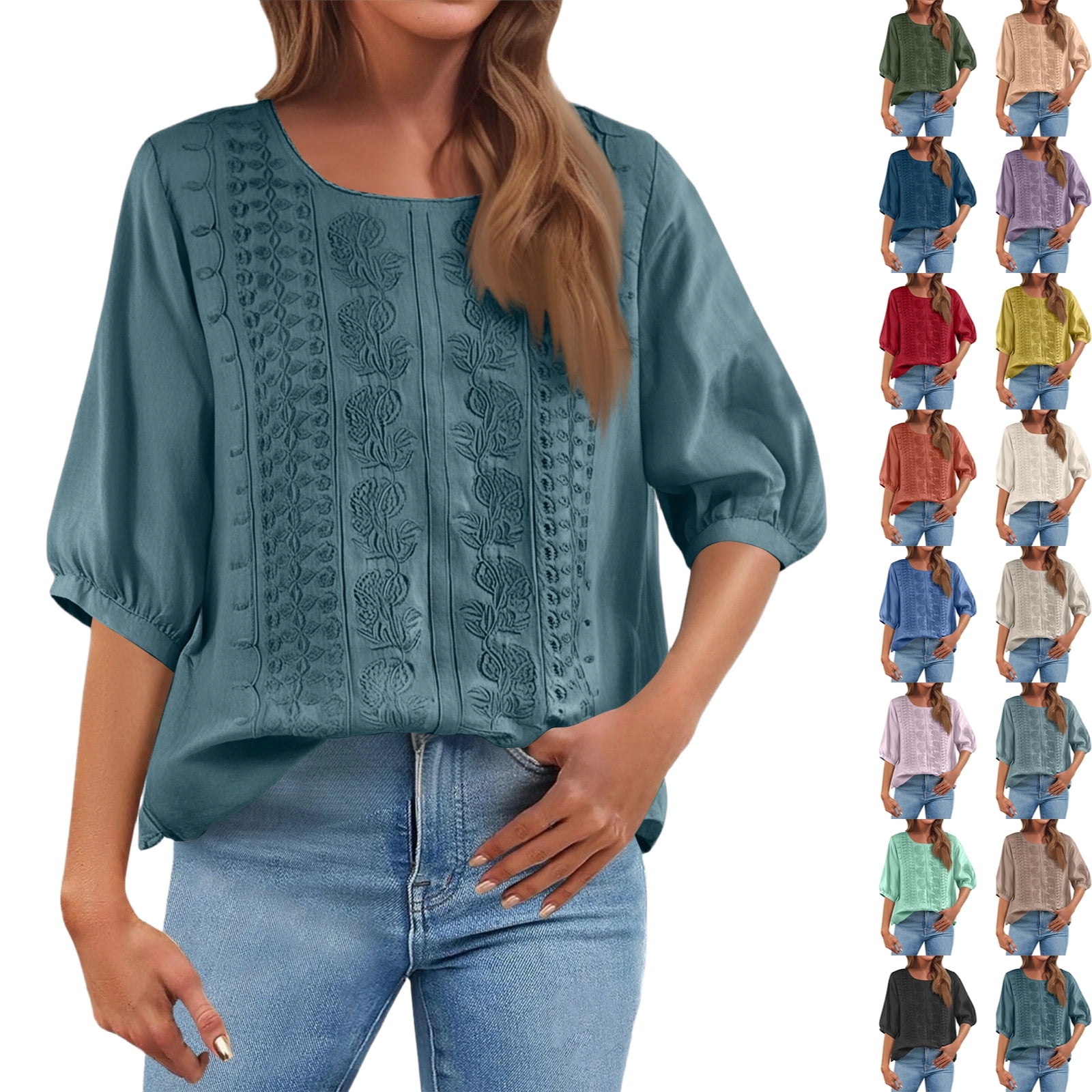 DENGDENG Embroidered Tops for Women Summer Gauze Shirts Cotton Linen ...