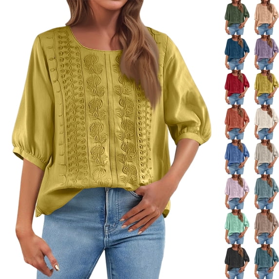 DENGDENG Embroidered Tops for Women Summer Gauze Shirts Cotton Linen ...