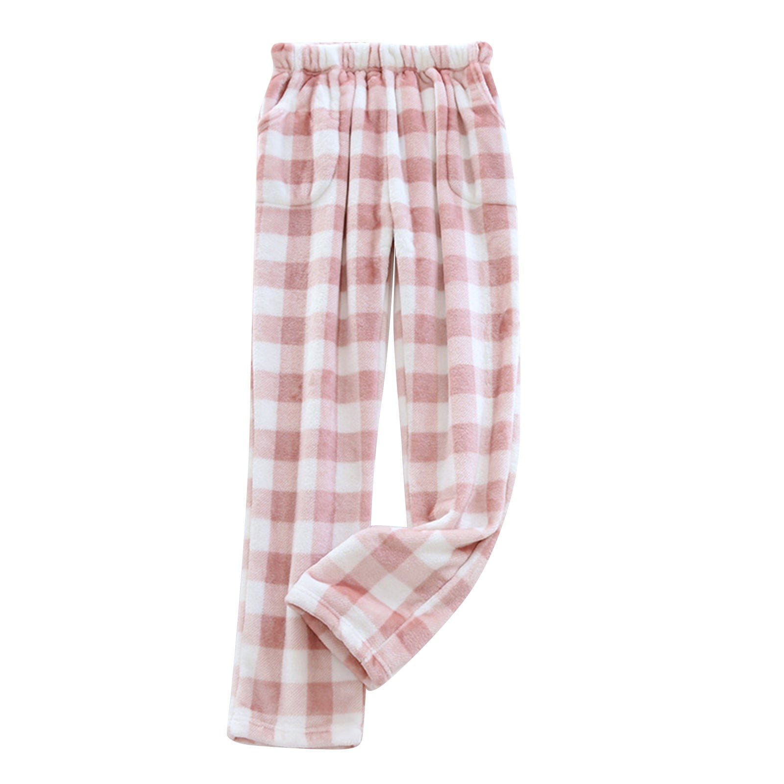 DENGDENG Fuzzy Pants Women Warm Plaid Pj Pants Casual Flannel Elastic ...