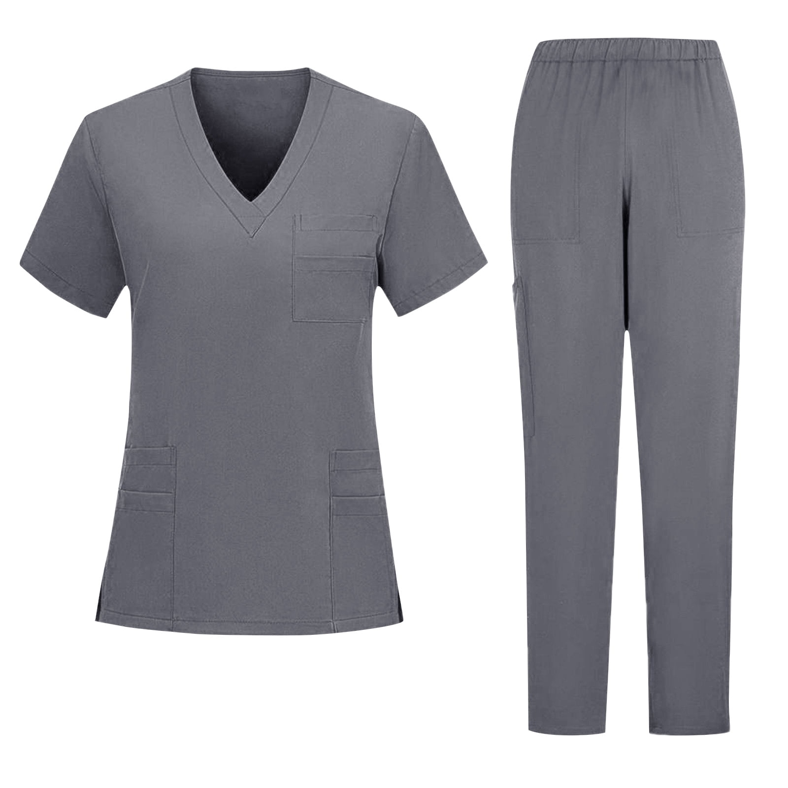DENGDENG Gray Scrubs Sets for Women Work Nursing Uniform Short Sleeve V ...
