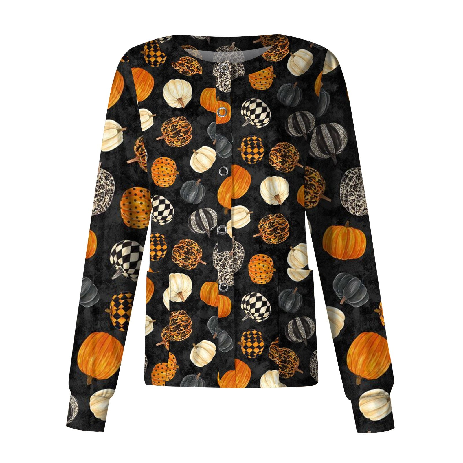 Dengdeng Halloween Scrub Jackets For Women Button Down Pumpkin Bats