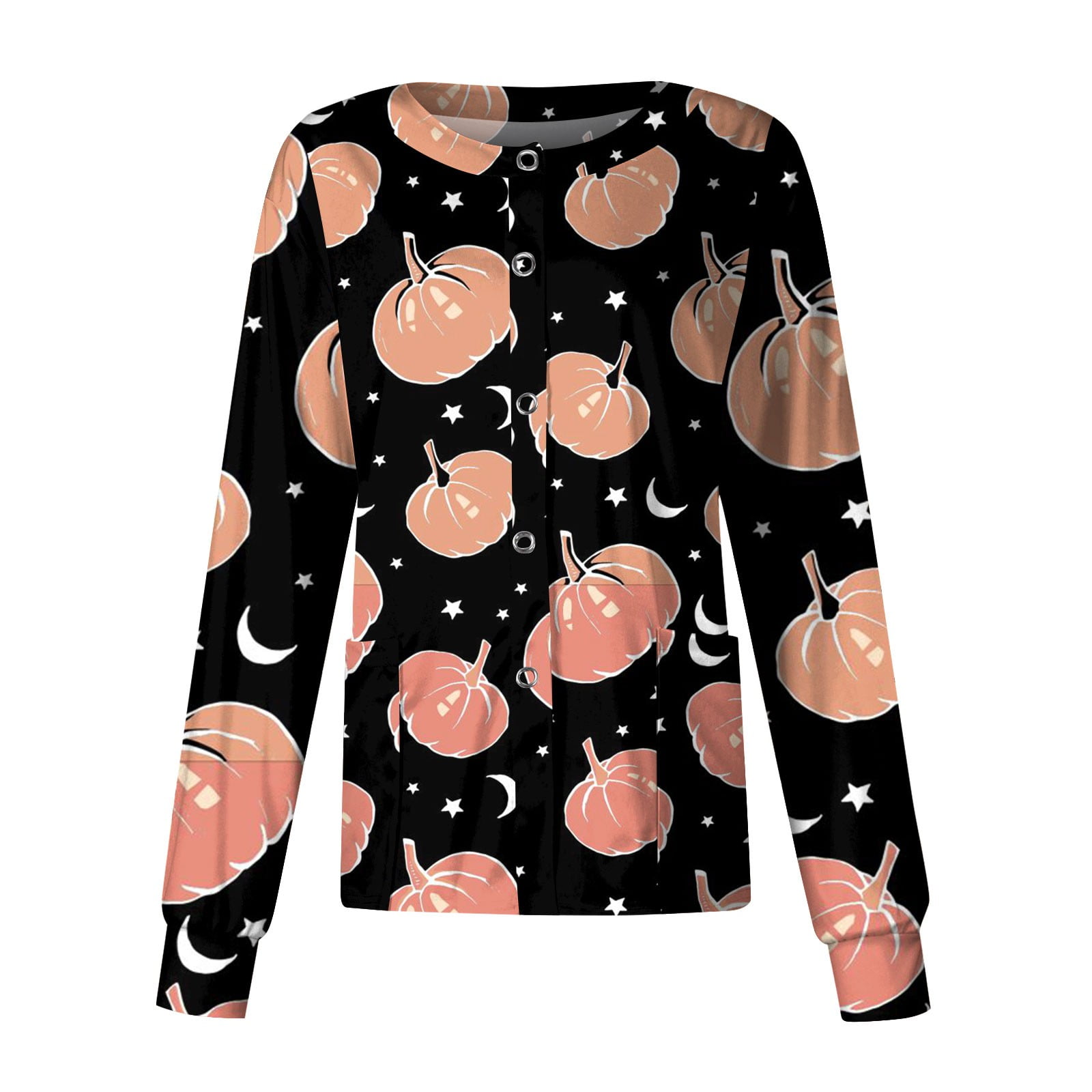 Dengdeng Halloween Scrub Jackets For Women Long Sleeve Pumpkin Bats