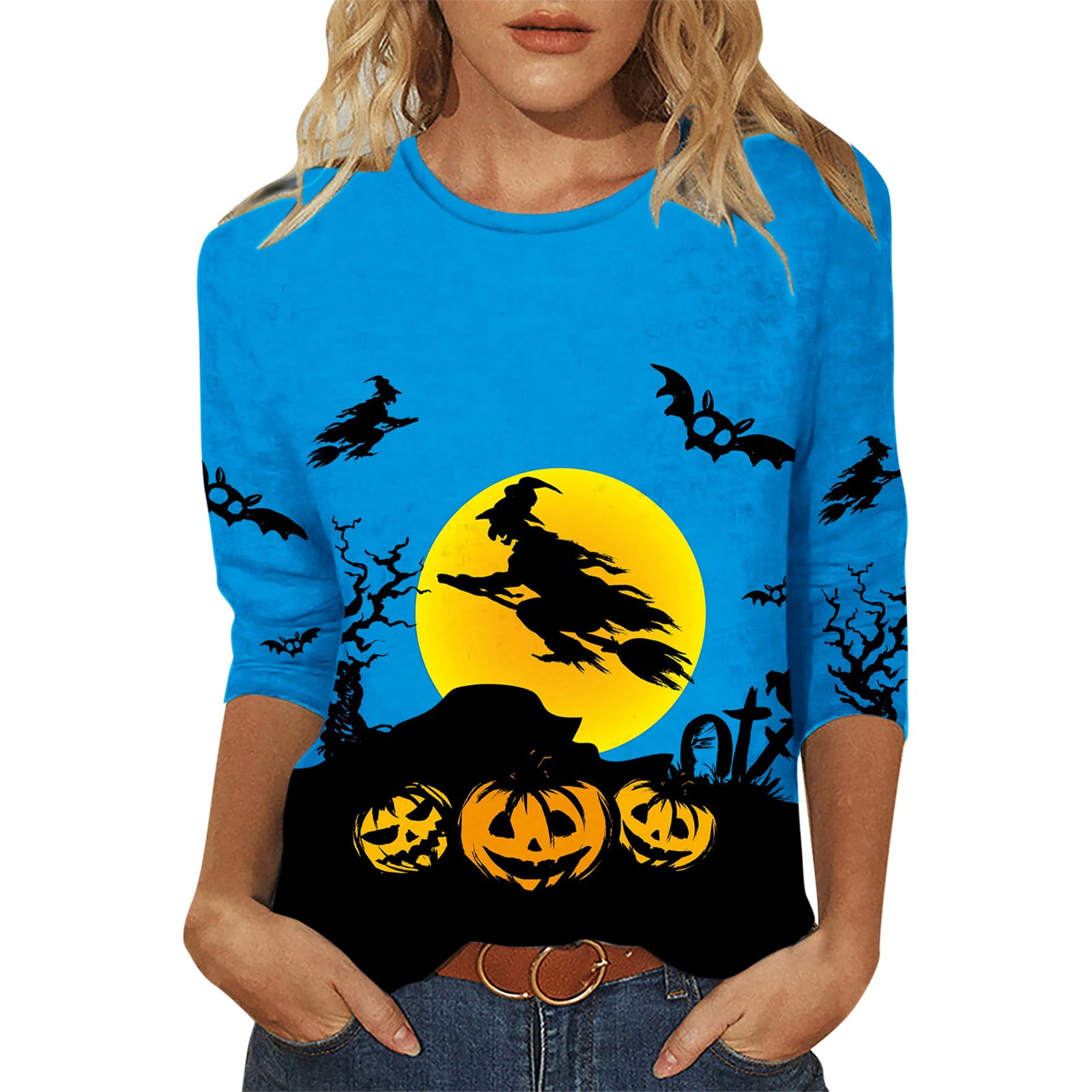 Dengdeng Halloween Shirts For Women Plus Size 3 4 Sleeve Crewneck