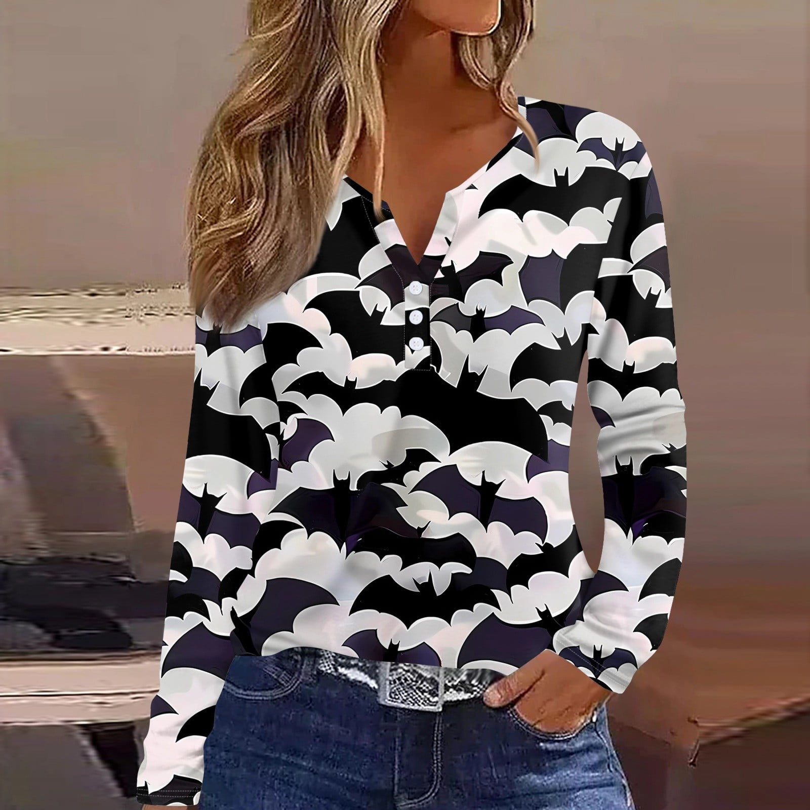 Dengdeng Halloween Shirts For Womens Button Down Button Down V Neck Long Sleeve Tops Boho Henley