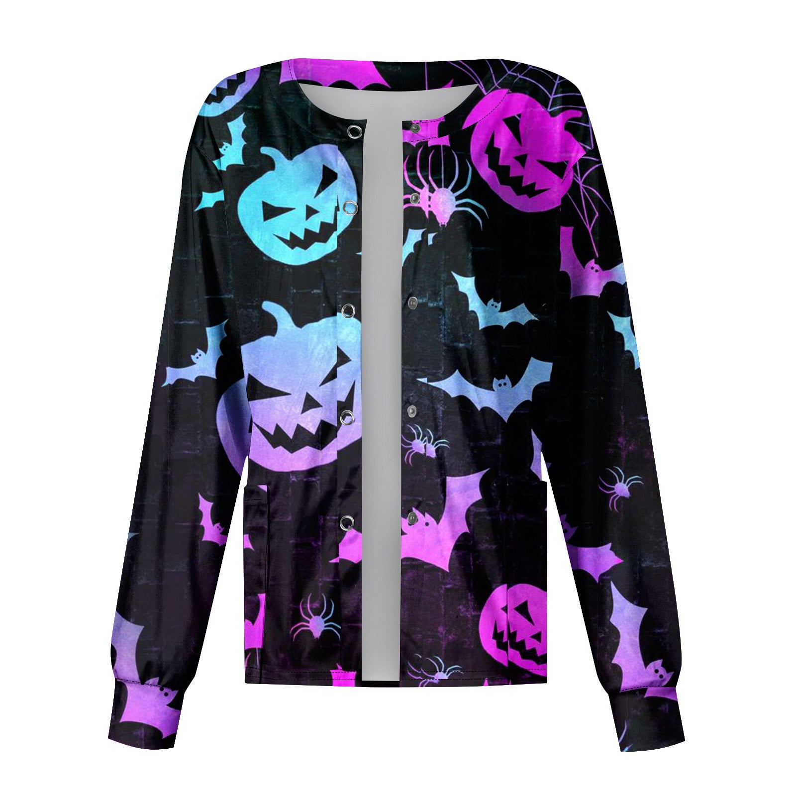DENGDENG Halloween Women Scrub Jacket Snap Front Pumpkin Bats Print ...