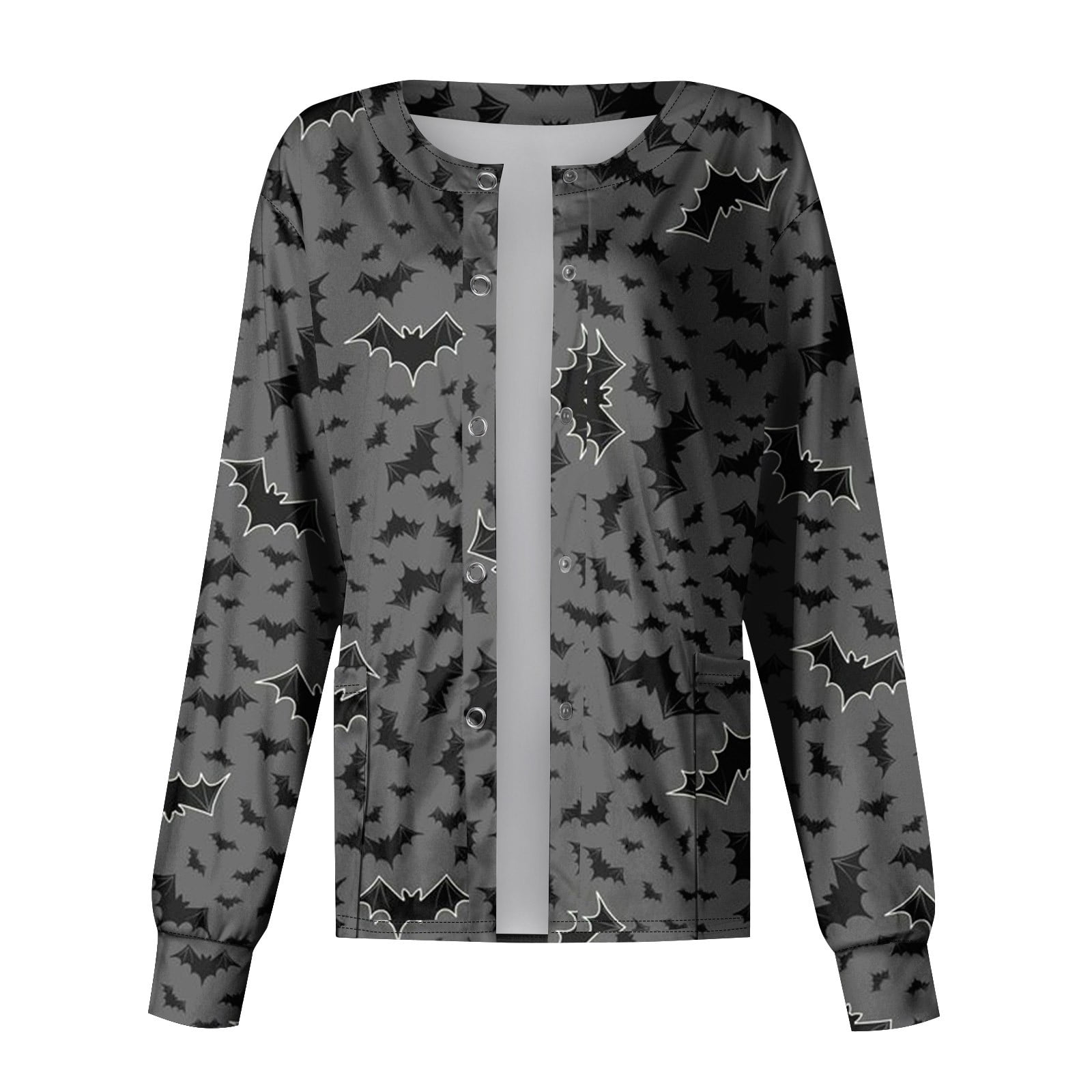 DENGDENG Halloween Women Scrub Jacket Snap Front Pumpkin Bats Print ...