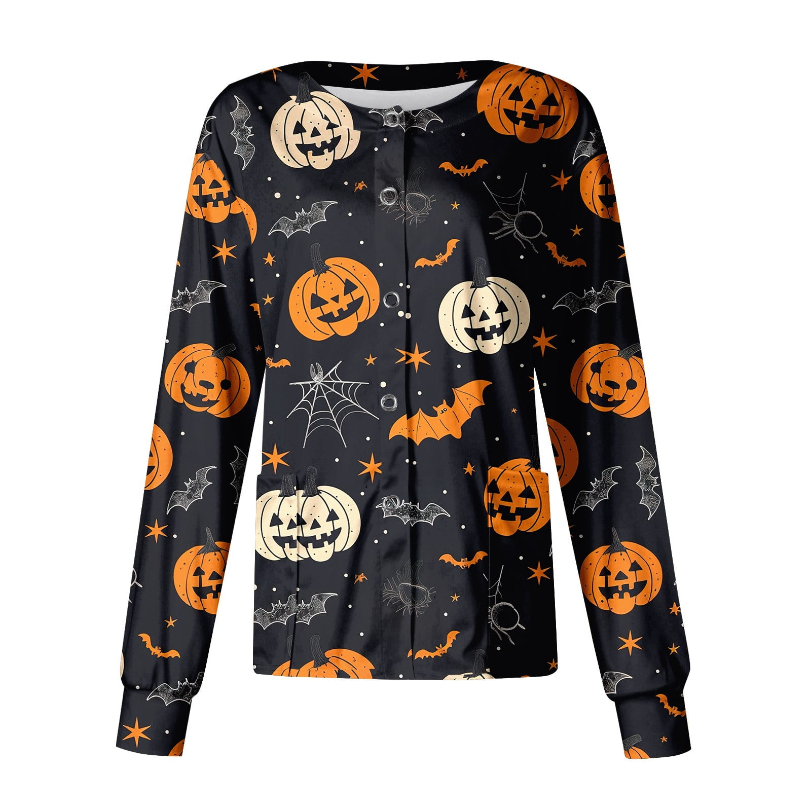 DENGDENG Halloween Women Scrub Jacket Snap Front Pumpkin Bats Printed ...