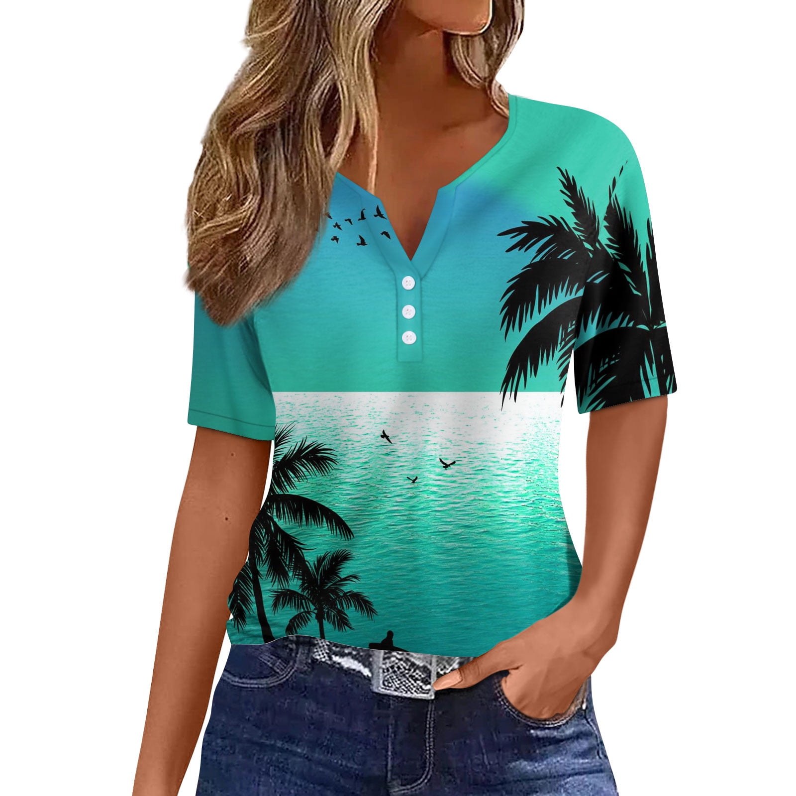 Dengdeng Hawaiian Plus Size Womens Tops Short Sleeve Blouse Summer 2024