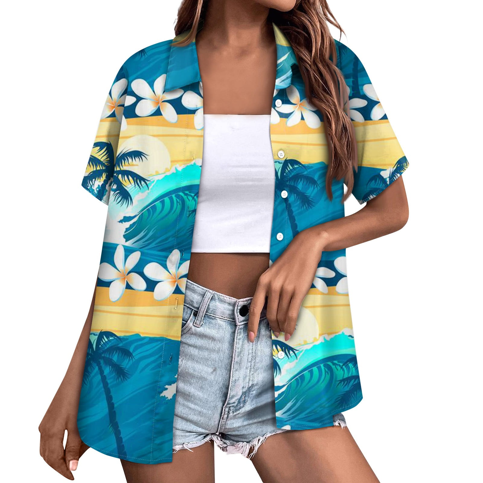 DENGDENG Hawaiian Shirt For Women Plus Size Short Sleeve Button Down Collar T Shirts Summer ...