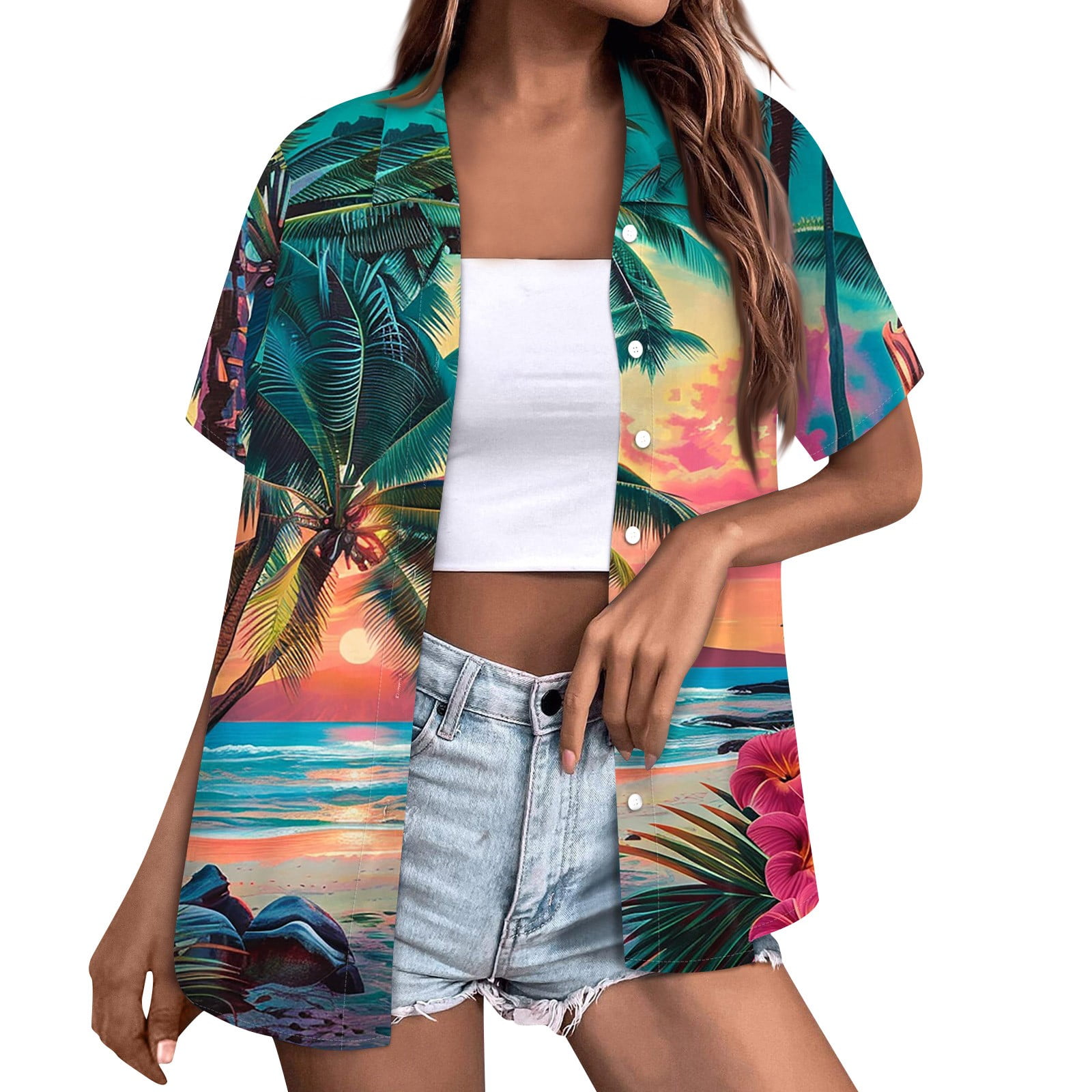 DENGDENG Hawaiian Shirt Plus Size Women Beach Tropical Print Hawaii Tee Shirts Clearance Short ...