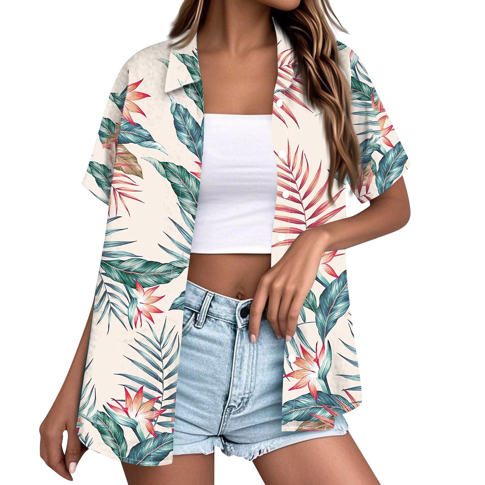 DENGDENG Hawaiian Shirt for Women Watermelon Red Short Sleeve Floral ...