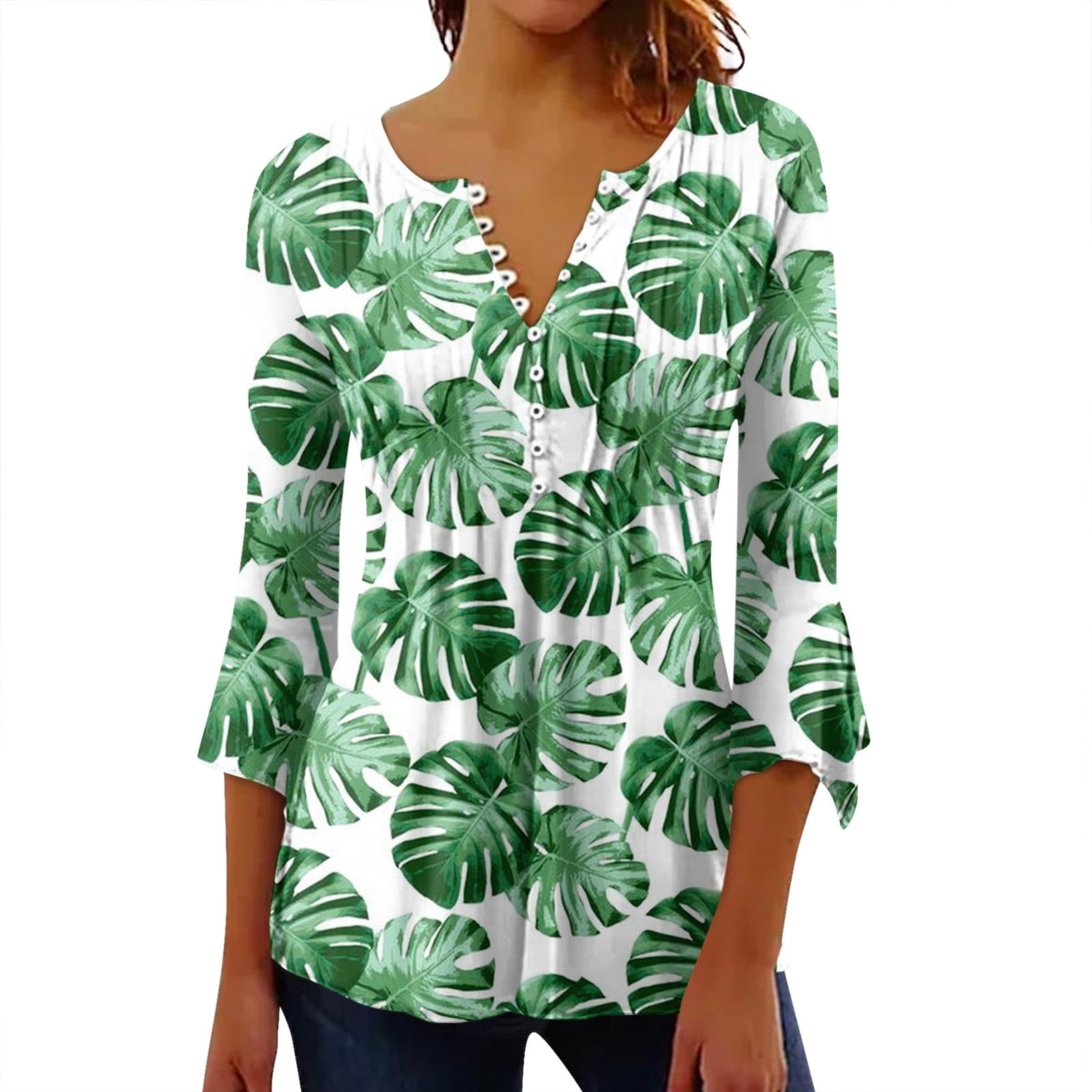 DENGDENG Hawaiian Shirts Womens 3/4 Sleeve Tropical Print Henley Casual ...