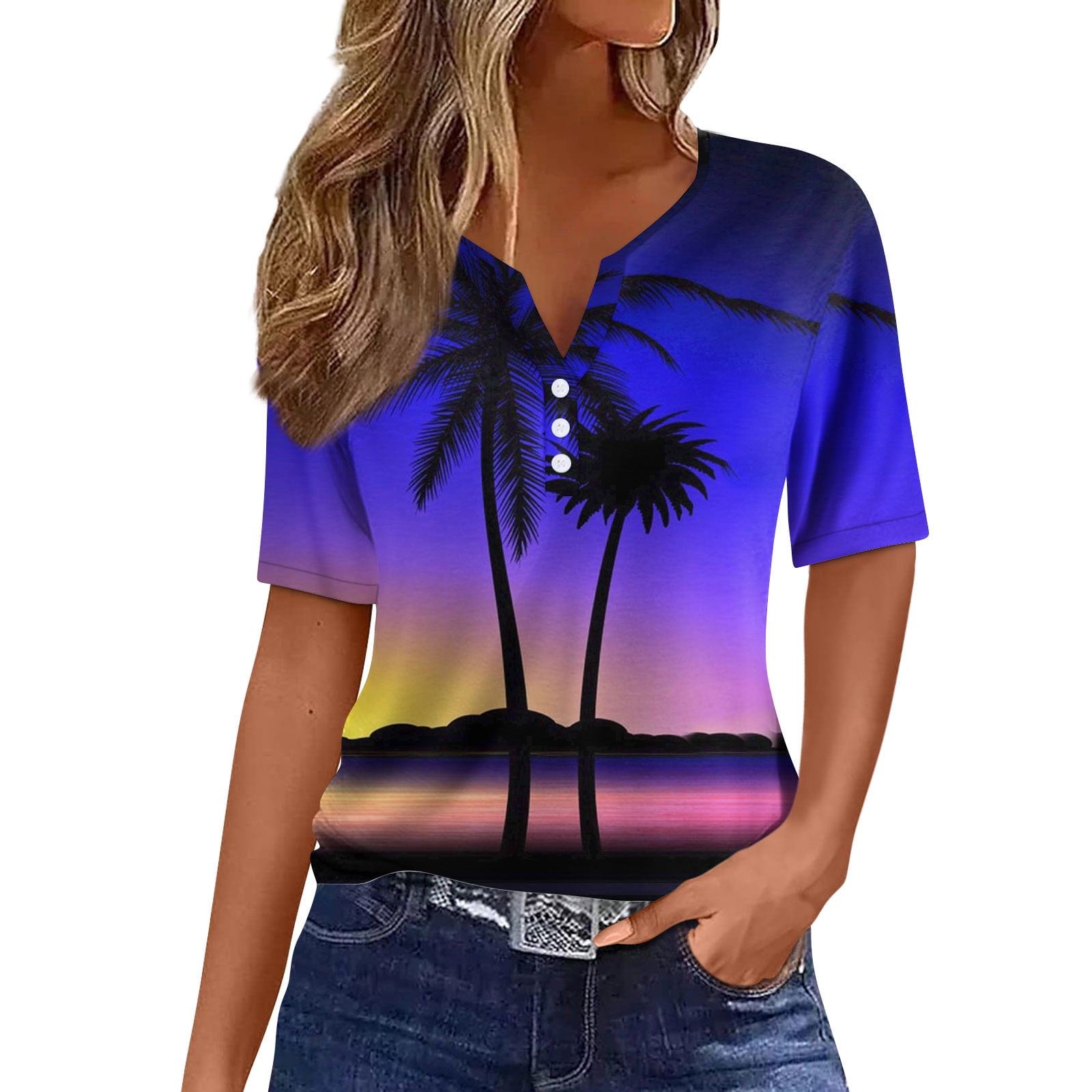 DENGDENG Hawaiian Womens Shirts Short Sleeve Casual Tropical Print ...
