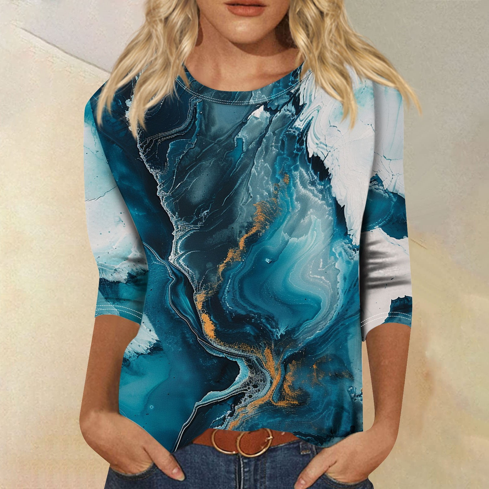 Dengdeng Ladies 3 4 Sleeve Tunics Tees Marble Print Mid Length Tee