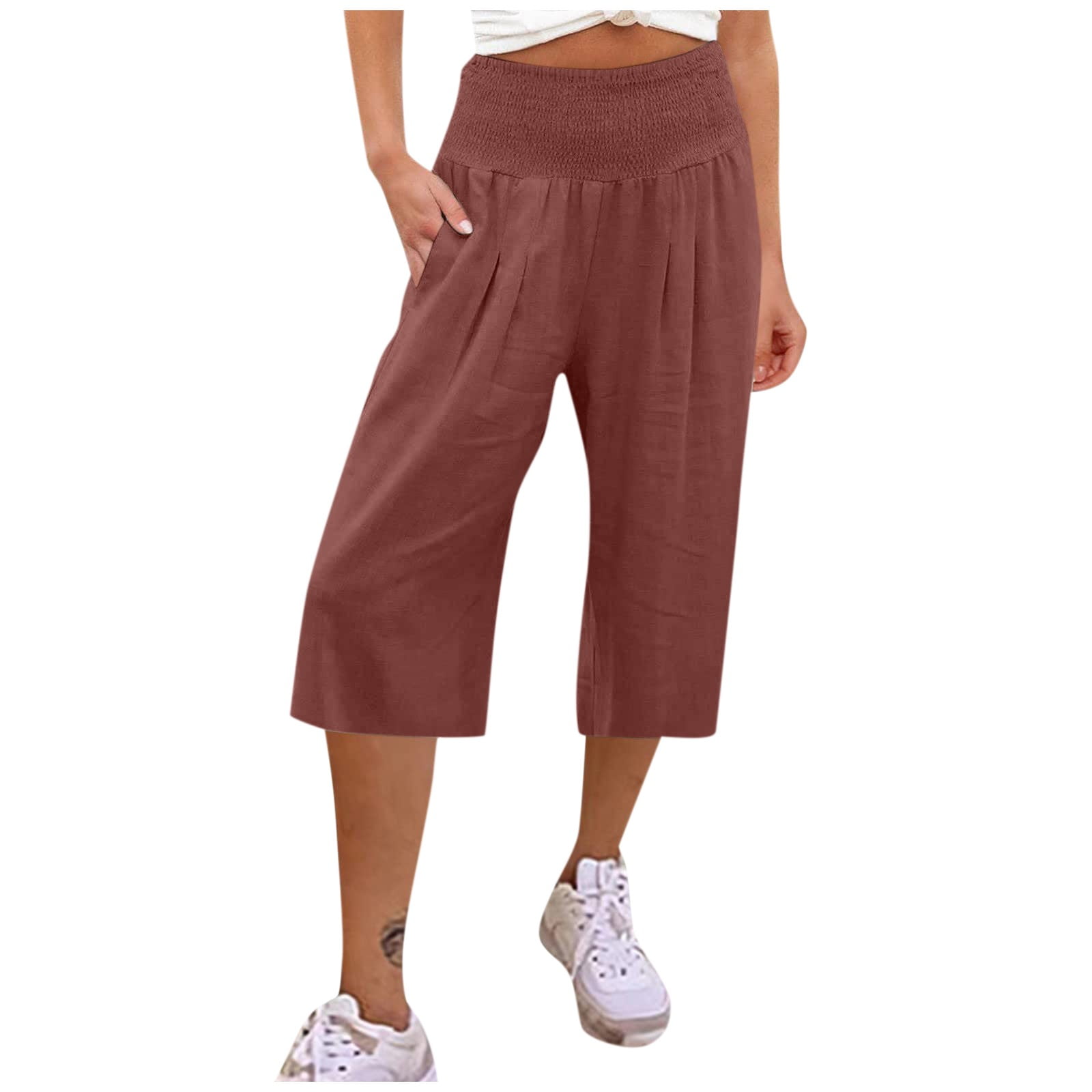 Dengdeng Ladies Capris With Pockets Summer Loose Fit Wide Leg Elastic