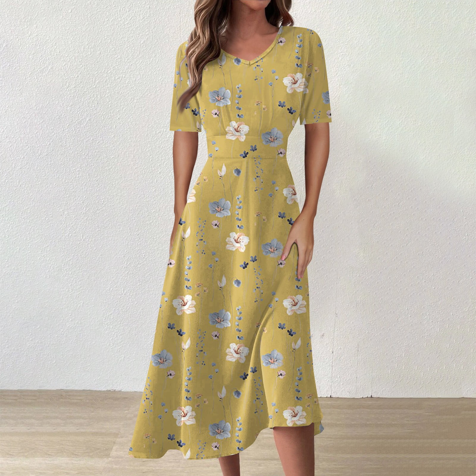 Dengdeng Ladies Dresses A Line Short Sleeve Casual Floral Maxi Dress