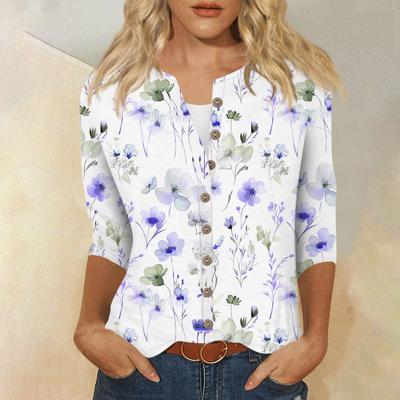 DENGDENG Ladies Three Quarter Sleeve Tops Casual Summer Button Down ...