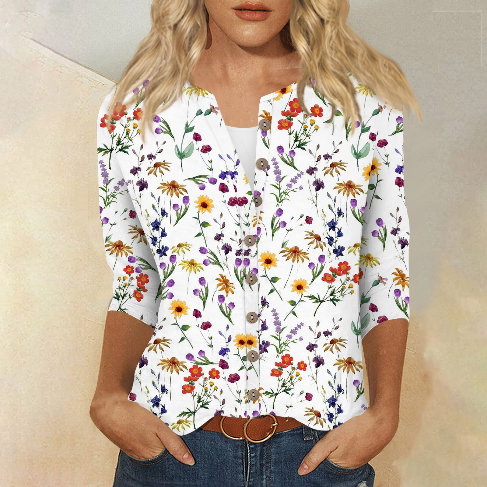 DENGDENG Ladies Three Quarter Sleeve Tops Casual Summer Button Down Shirt Floral Print Elbow ...