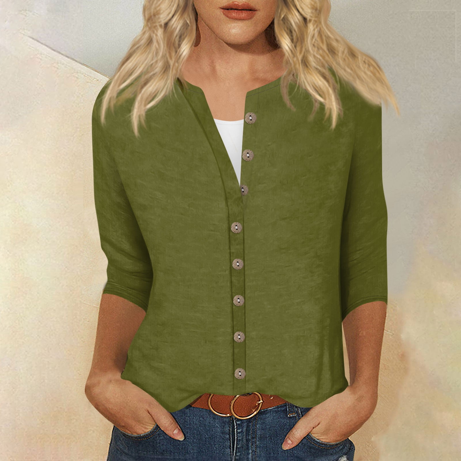 DENGDENG Ladies Three Quarter Sleeve Tops Casual Summer Button Down Shirt Solid Elbow Cardigan ...