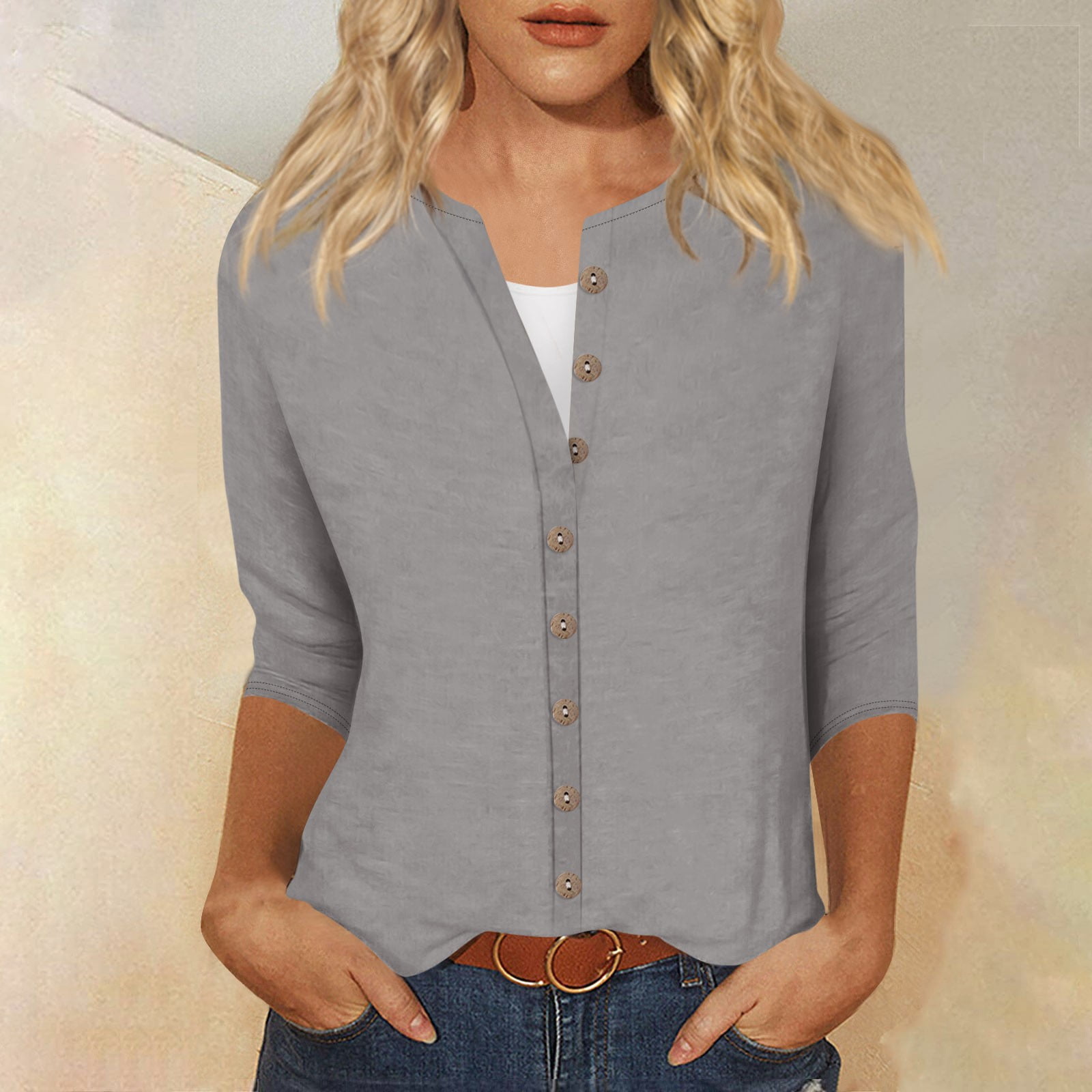 DENGDENG Ladies Three Quarter Sleeve Tops Casual Summer Button Down Shirt Solid Elbow Cardigan ...