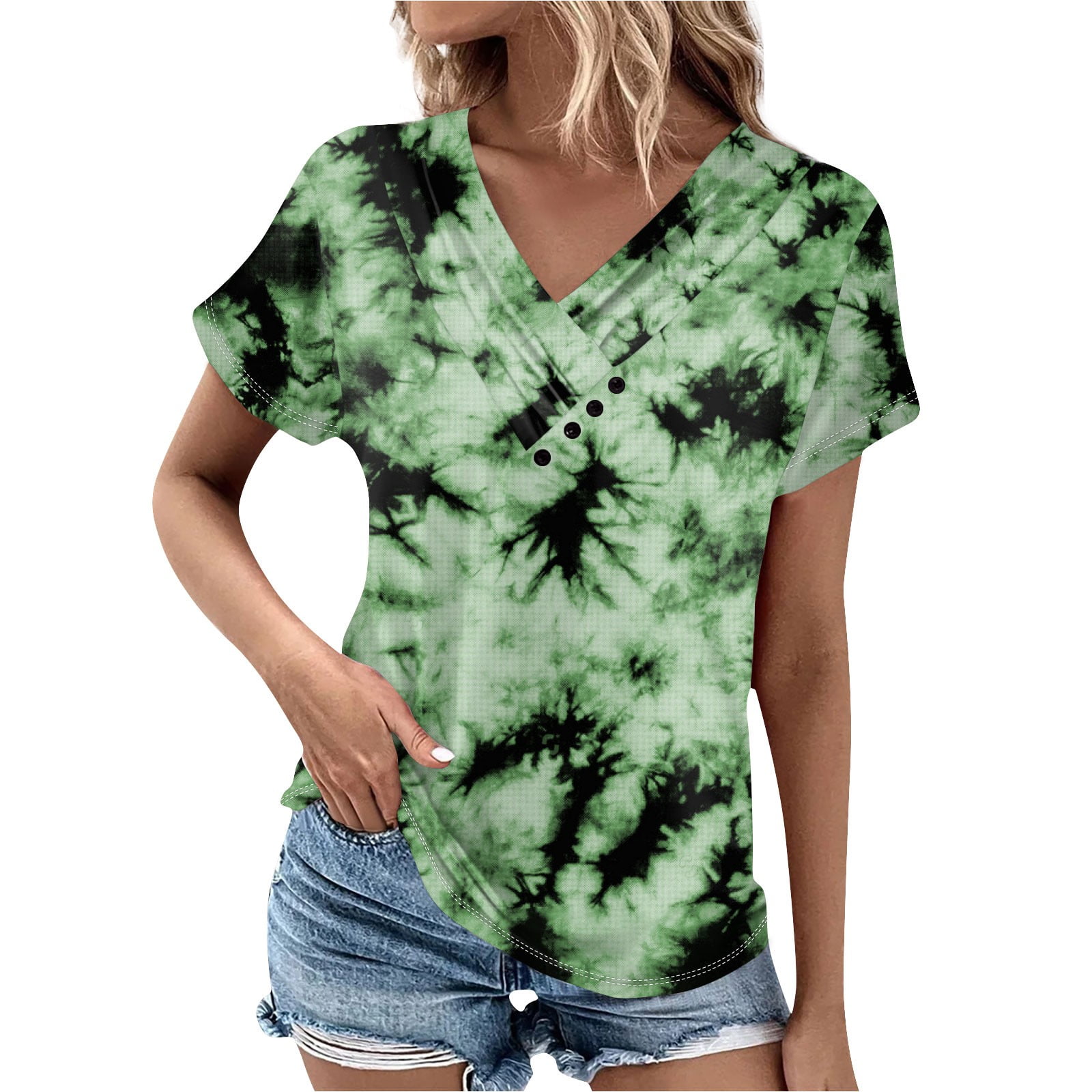 Dengdeng Ladies Tops And Blouses Button Short Sleeve V Neck T Shirts