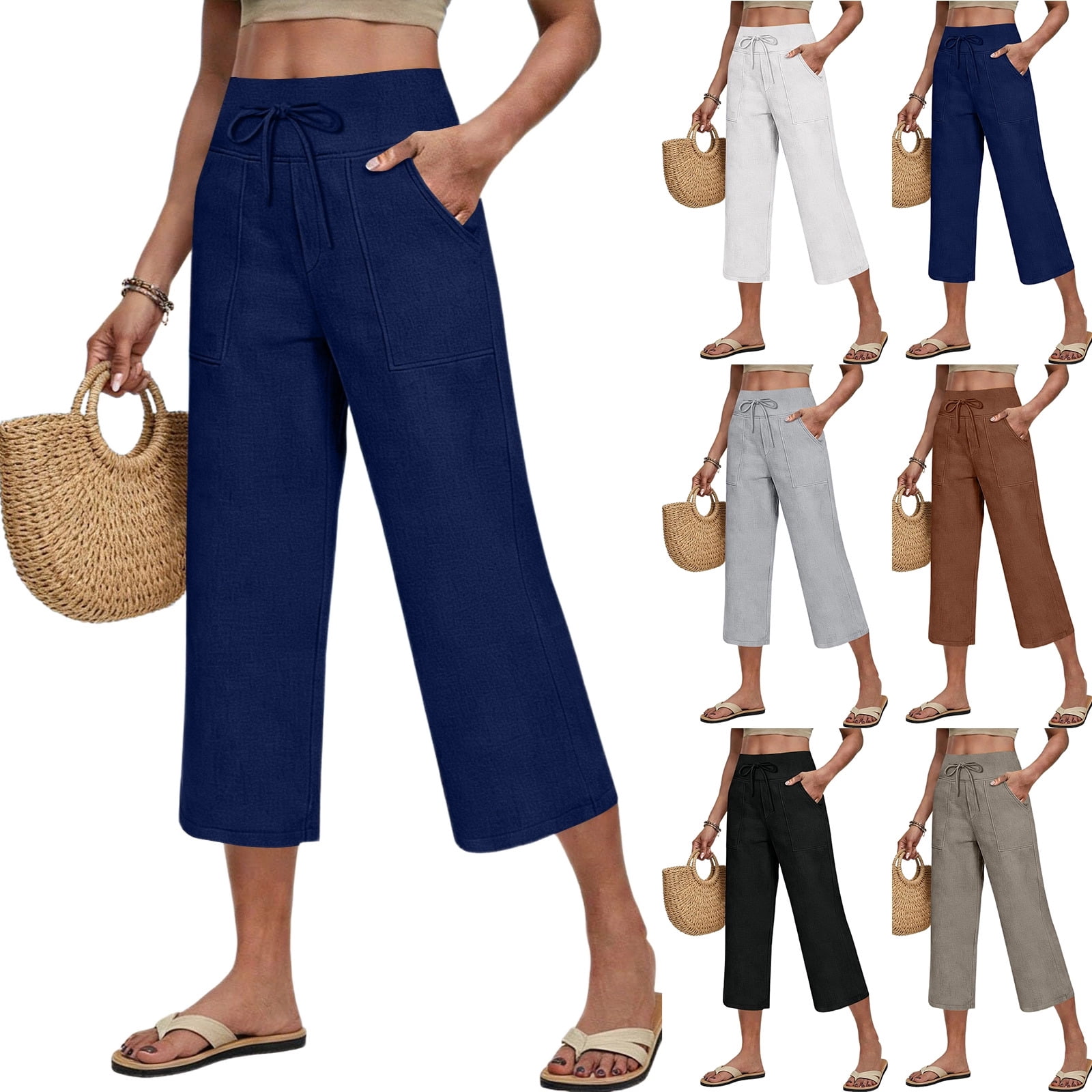 DENGDENG Linen Capri Pants for Women 2026 High Waisted Wide Leg ...
