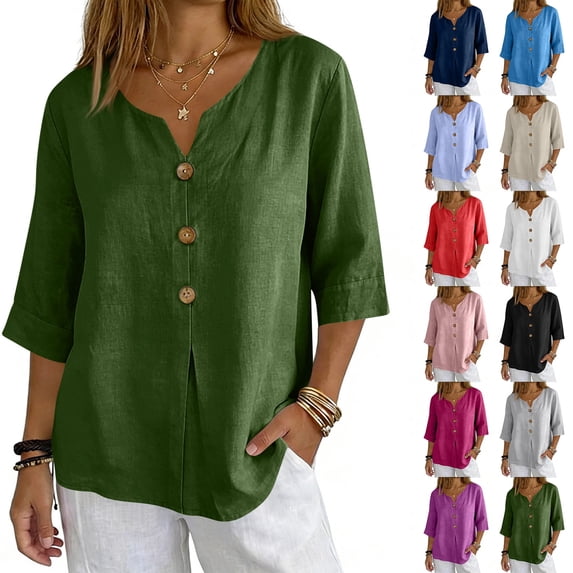 DENGDENG Linen Shirts for Women V Neck 3/4 Length Sleeve Cotton Linen ...