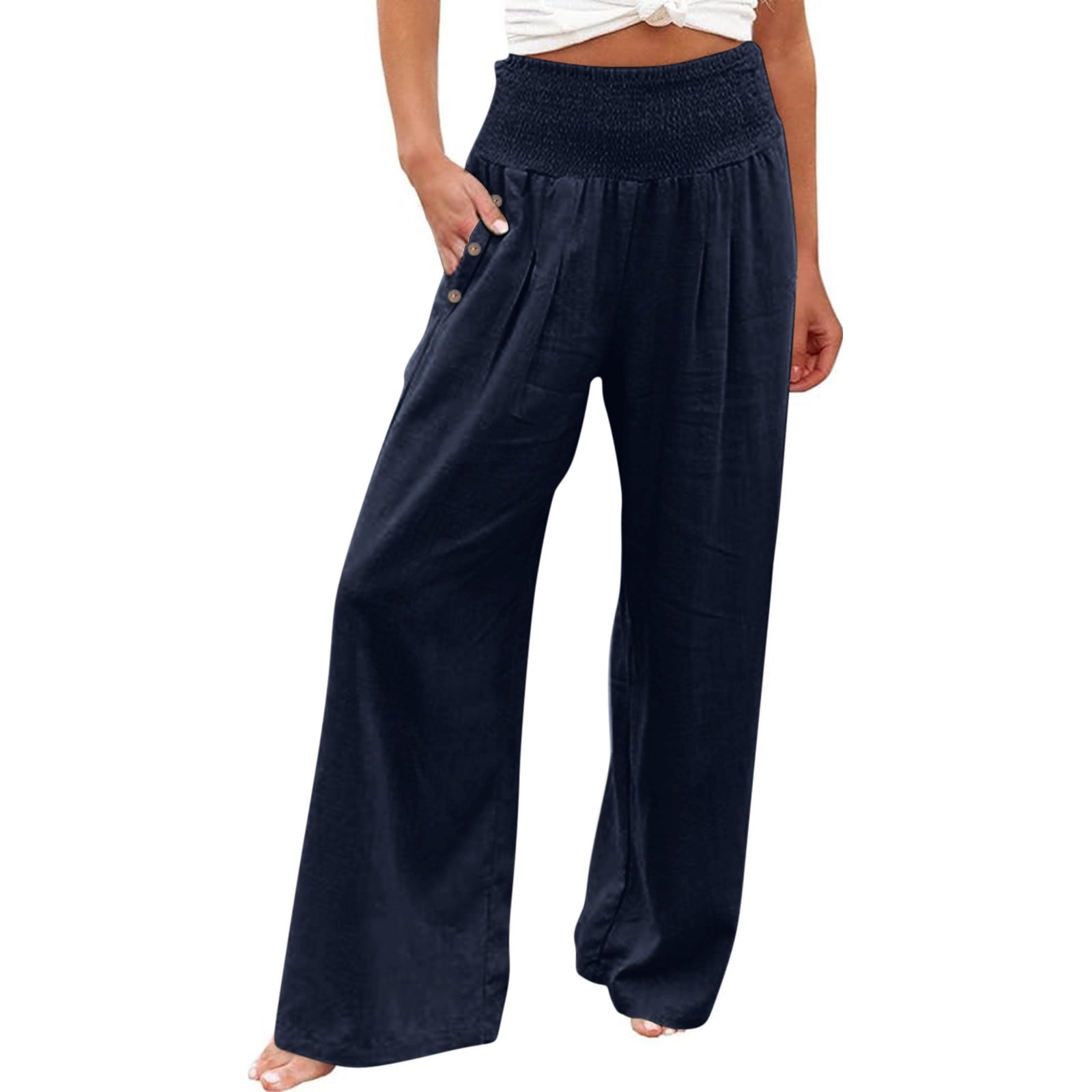 Dengdeng Linen Wide Leg Pants For Women With Pockets Elastic High
