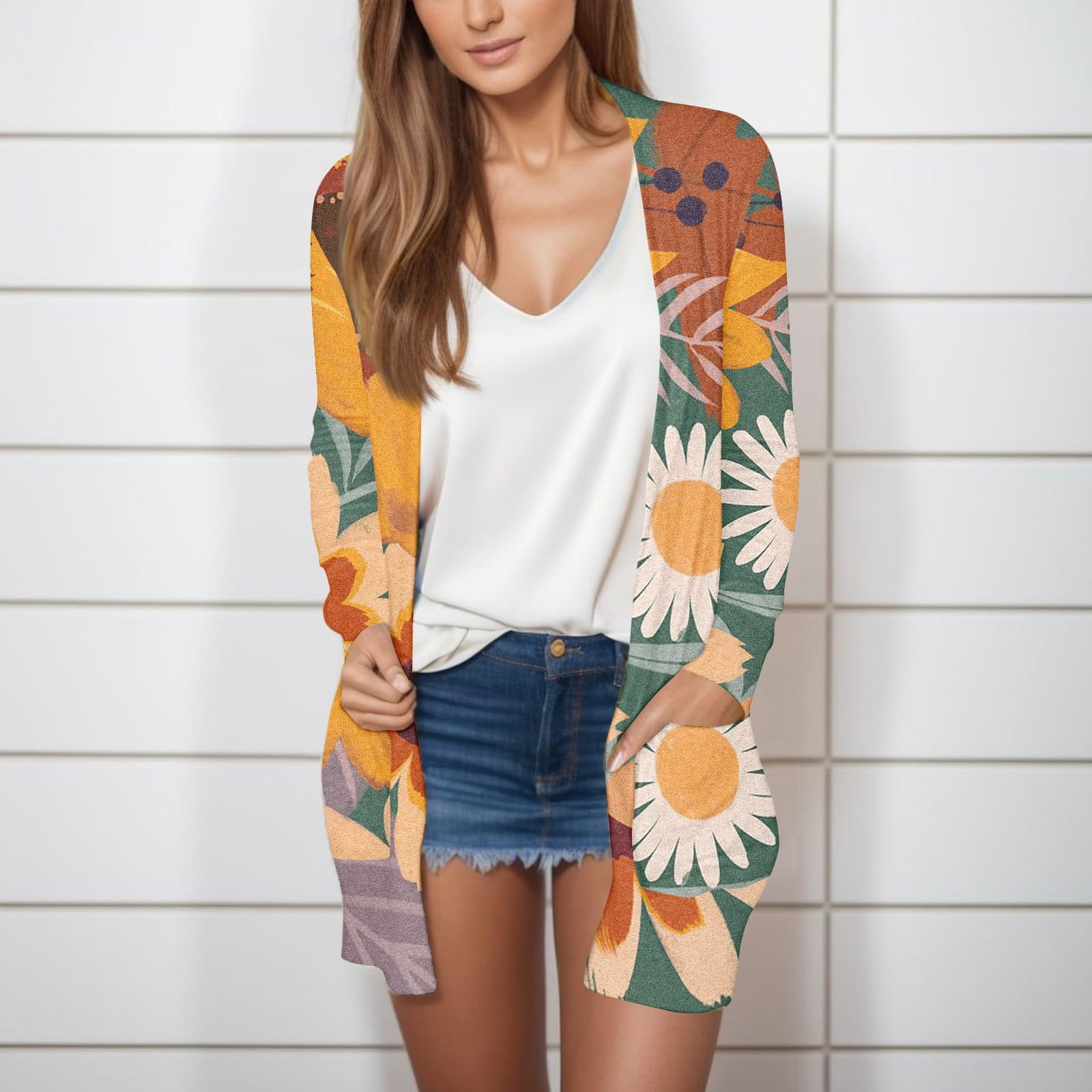 DENGDENG Long Sleeve Cardigans for Women Long Sleeve Sunflower Print ...