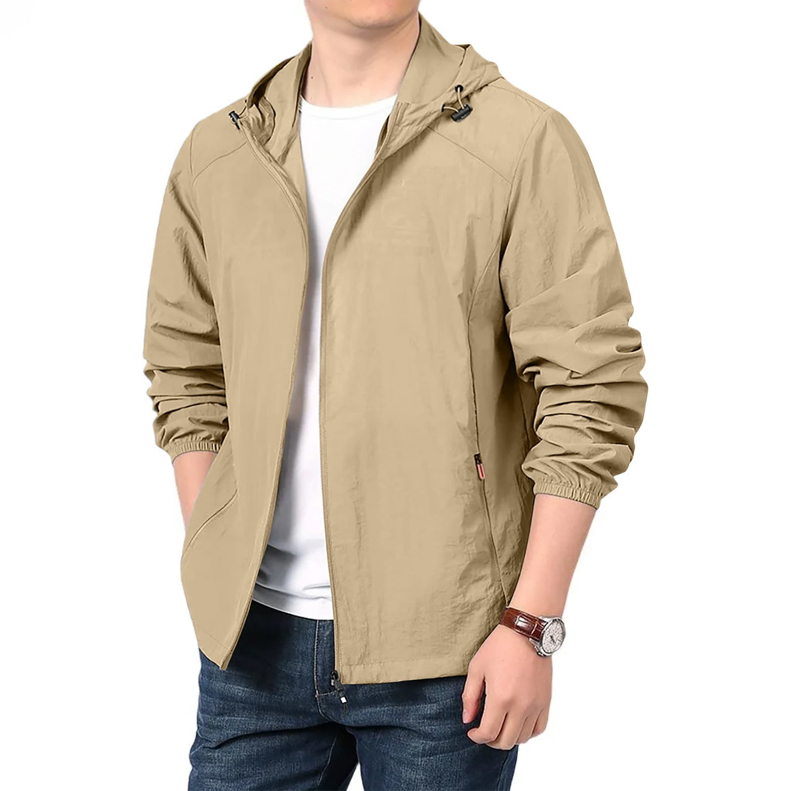DENGDENG Mens Lightweight Rain Jacket with Hood Waterproof Windbreaker ...