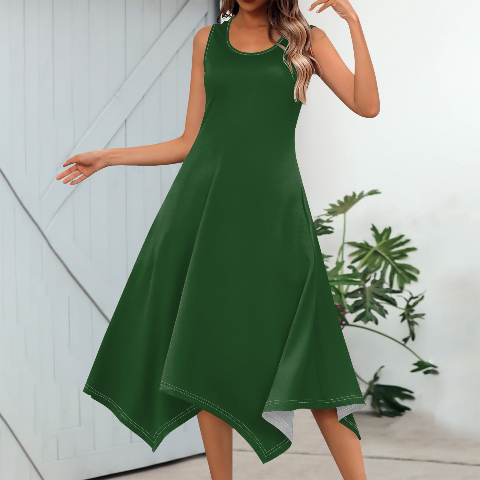 Dengdeng Midi Sundresses For Women Sleeveless Solid Color Sundress Swing Casual Hankerchief Hem