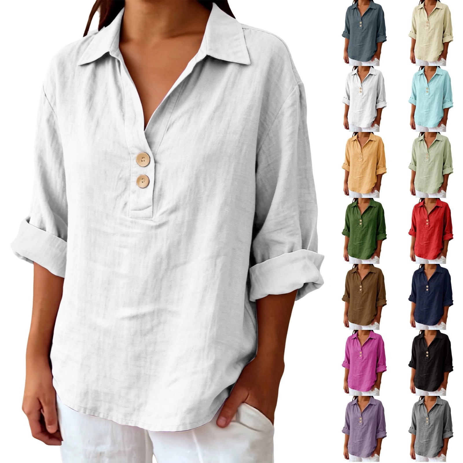 DENGDENG Plus Size Linen Shirts for Women Spring Cotton 3/4 Sleeve ...