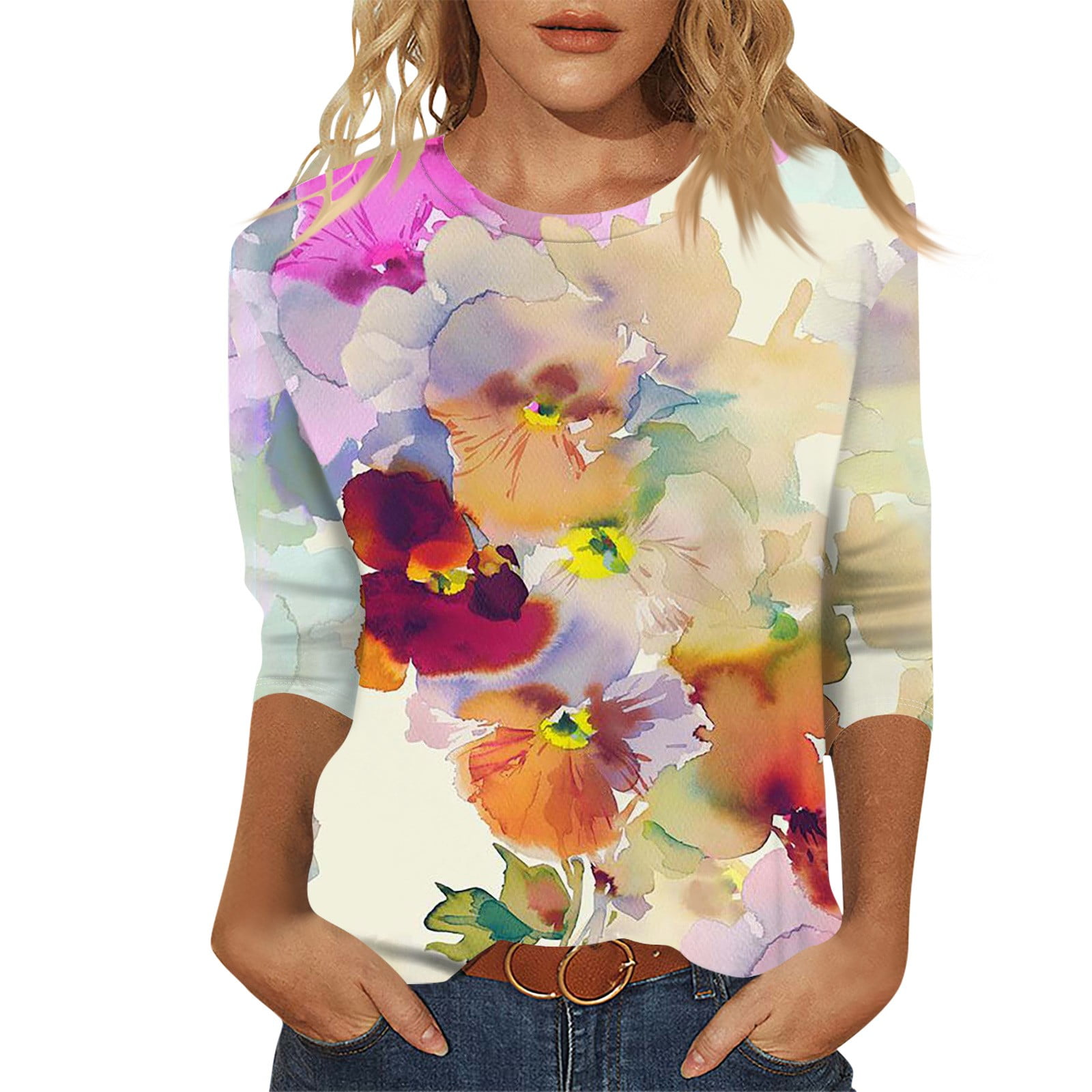 DENGDENG Plus Size Tops for Women 3/4 Sleeve Crew Neck Elbow Women's ...
