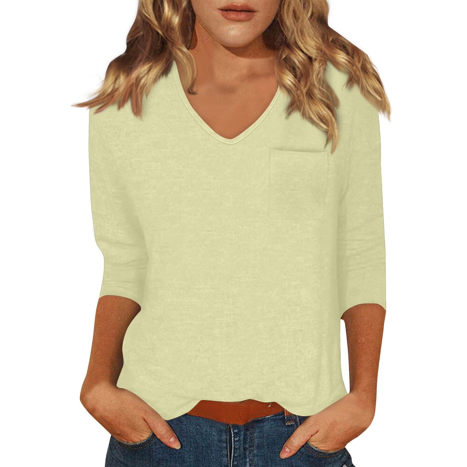 DENGDENG Plus Size Tops for Women 3/4 Sleeve V Neck Elbow Sleeve Tshirts Work Casual Summer ...