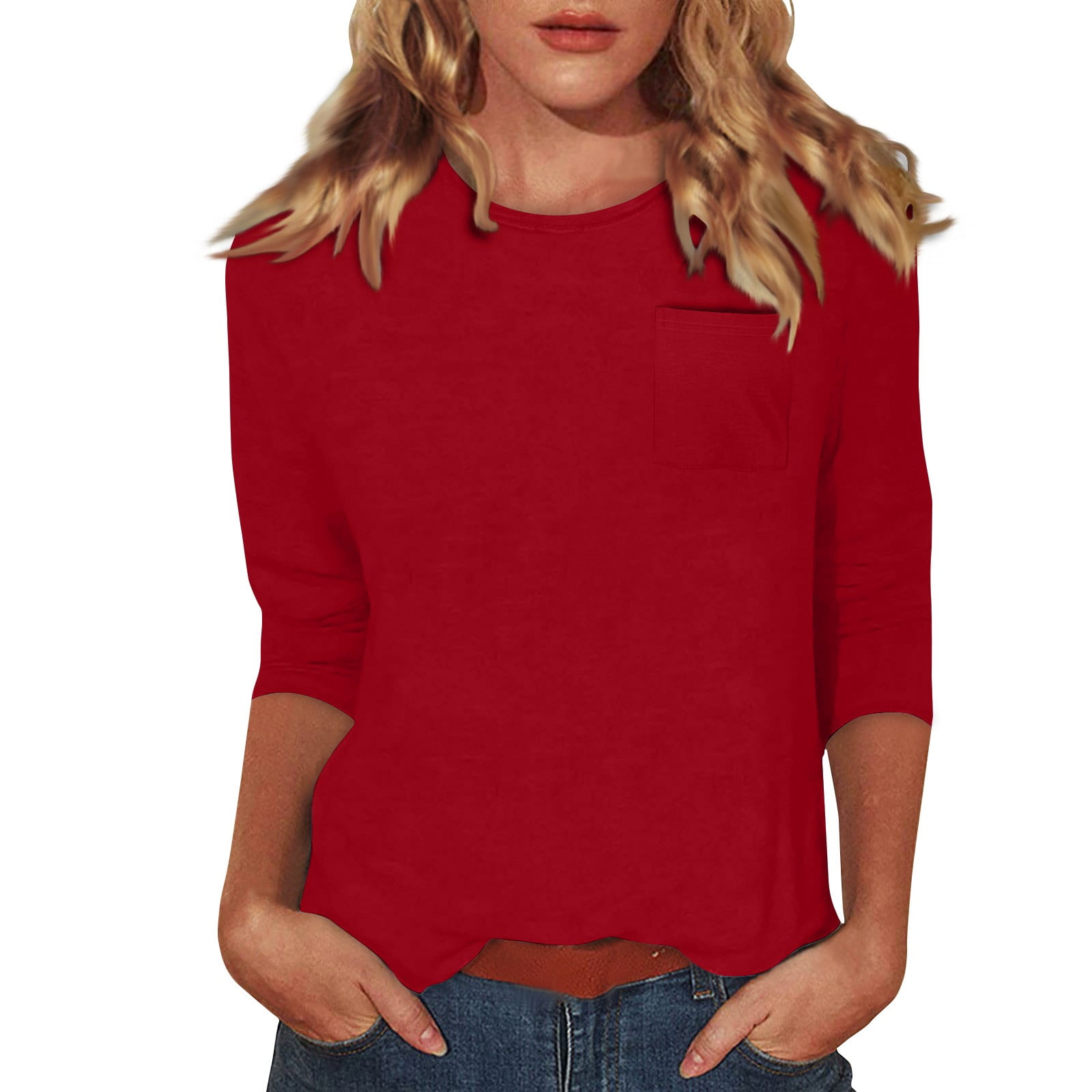 DENGDENG Red 3/4 Sleeve Tops for Women Casual Summer T Shirts Petite ...