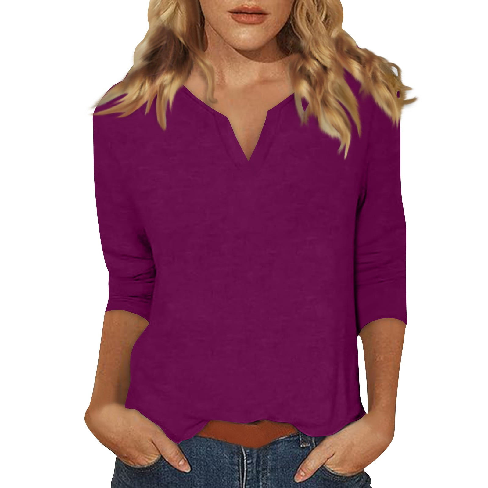 DENGDENG Womens 3/4 Sleeve T Shirts Summer Elbow Tops Solid Color ...