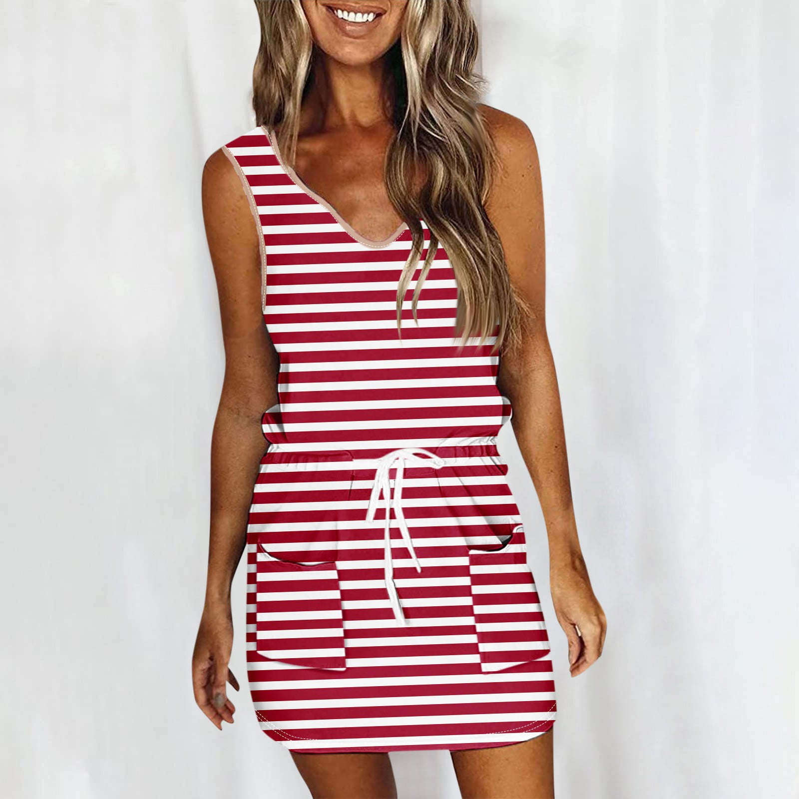 Dengdeng Spring Casual Dresses For Women 2024 Striped Sling V Neck Mini