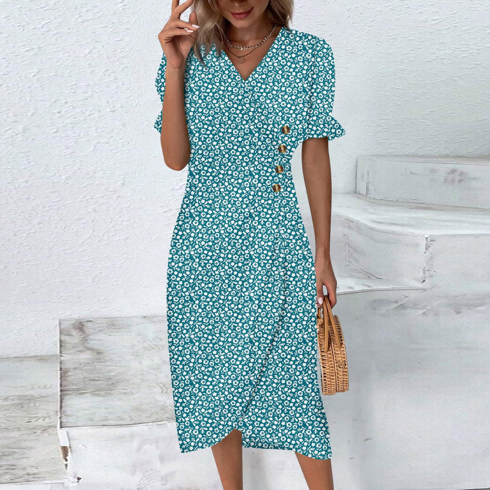 DENGDENG Spring Work Dresses for Women 2024 Short Sleeve Wrap V Neck ...