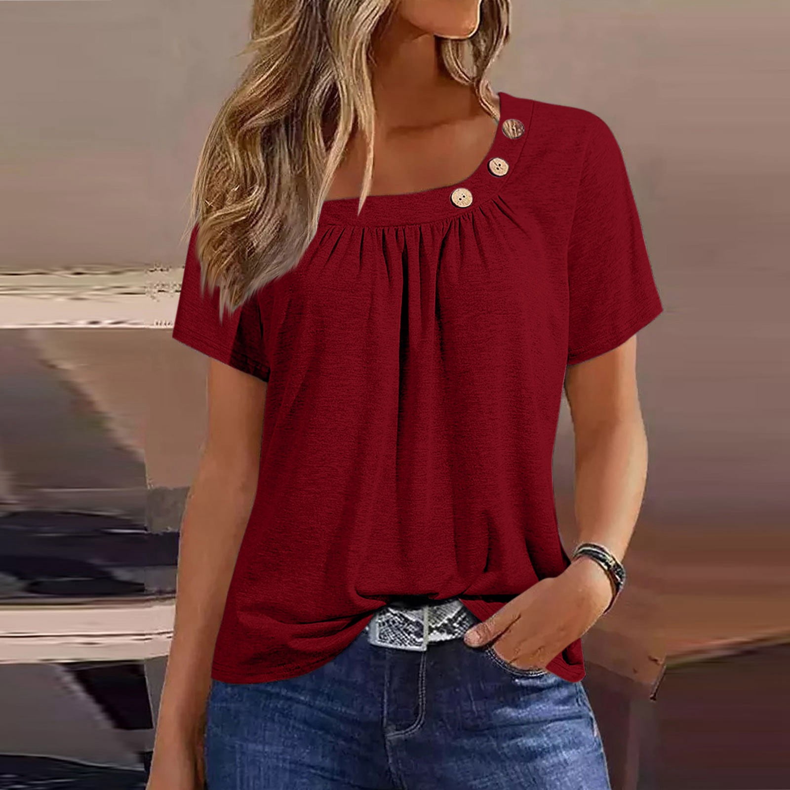 DENGDENG Summer Tops for Women 2024 Trendy Short Sleeve Fashion Button ...