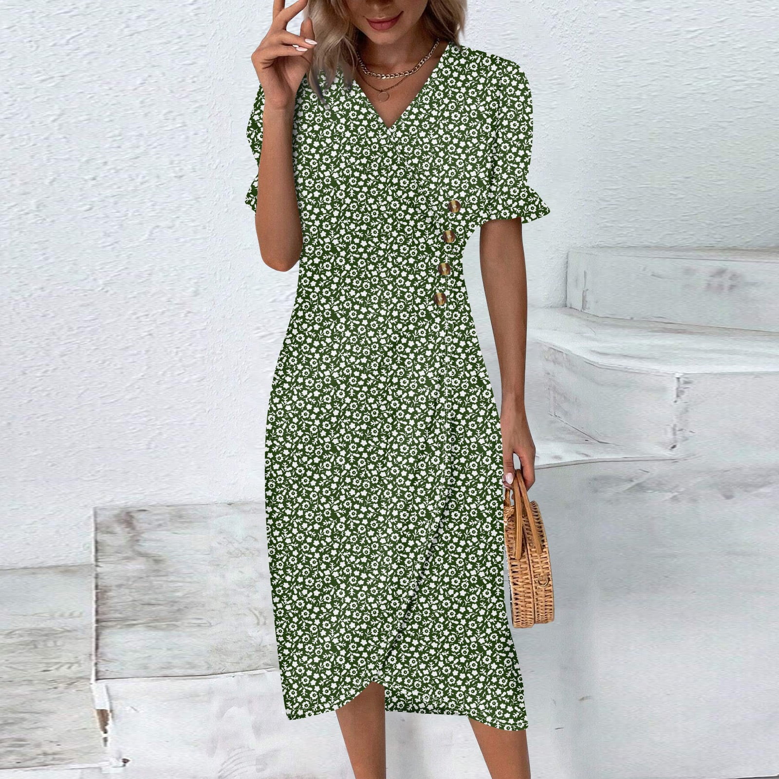DENGDENG Sun Dresses Women Casual Wrap V Neck Floral Midi Dress 2024 ...