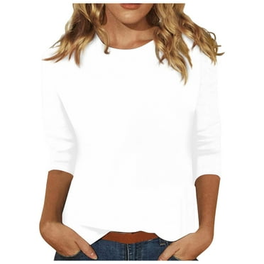 BeiFu 3/4 Length Sleeve Womens Tops White Cotton V Neck T Shirts For Women Loose Fit Womens Tops ...