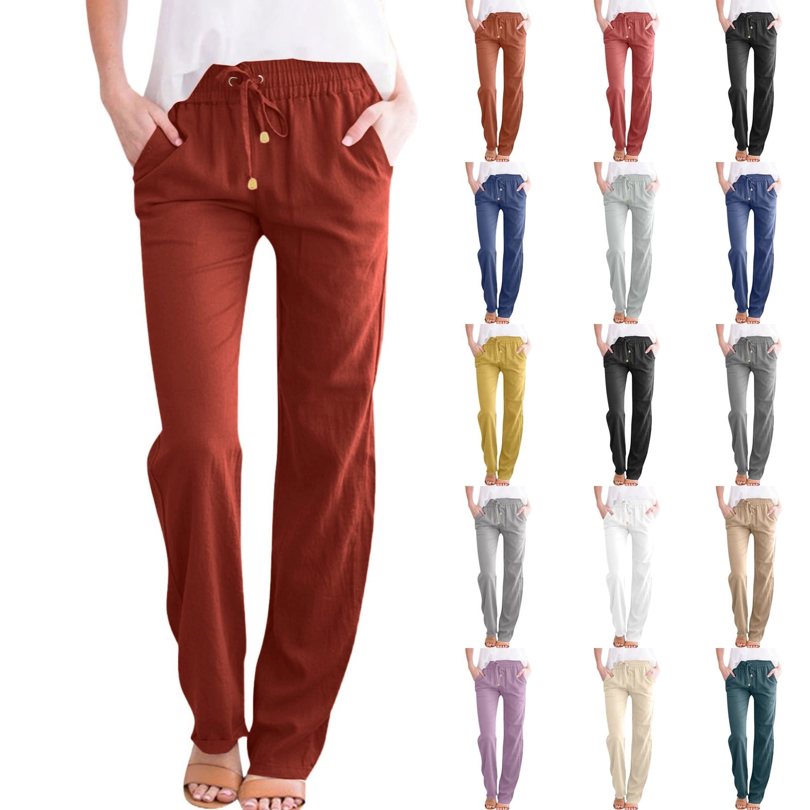 DENGDENG Vacation-Ready Linen Wide Leg Pants for Women – Drawstring Elastic Waist Casual Summer ...