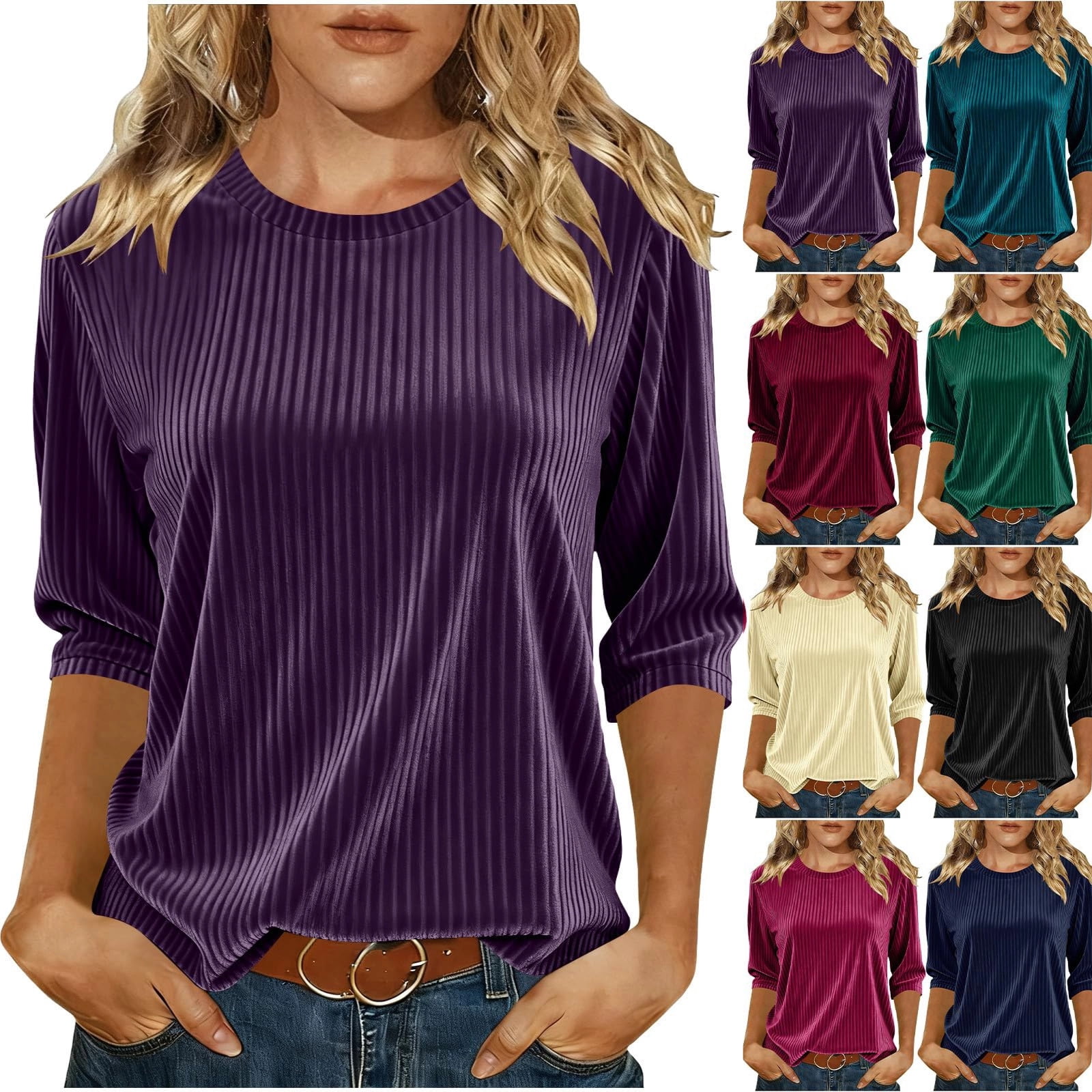 DENGDENG Velvet Ribbed Tunic Tops for Women Long Sleeve Crewneck Velour ...