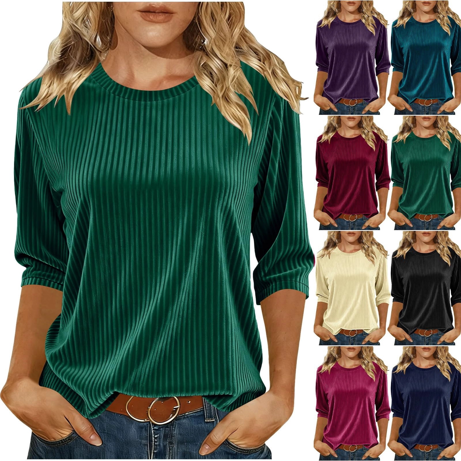 DENGDENG Women Dressy Casual Velvet Ribbed Tunic Tops Long Sleeve ...