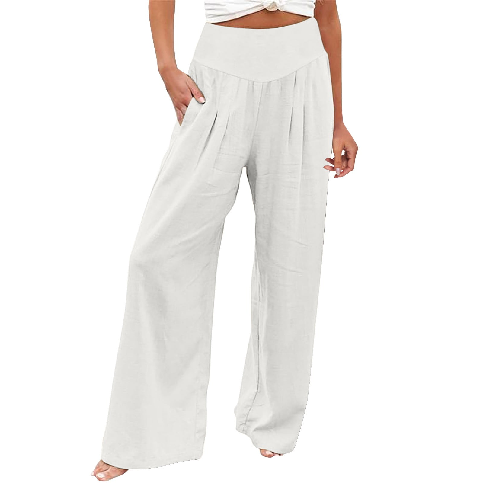 Dengdeng Women Linen Pants Summer Elastic High Waisted Wide Leg Pants