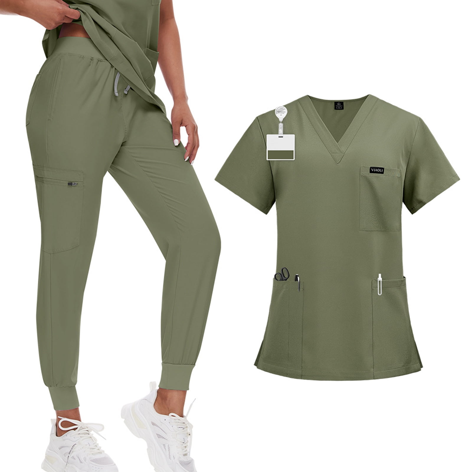 DENGDENG Women Scrubs Set 4 Way Stretch Nursing Short Sleeve V Neck Scrub Top & Elastic Waist ...
