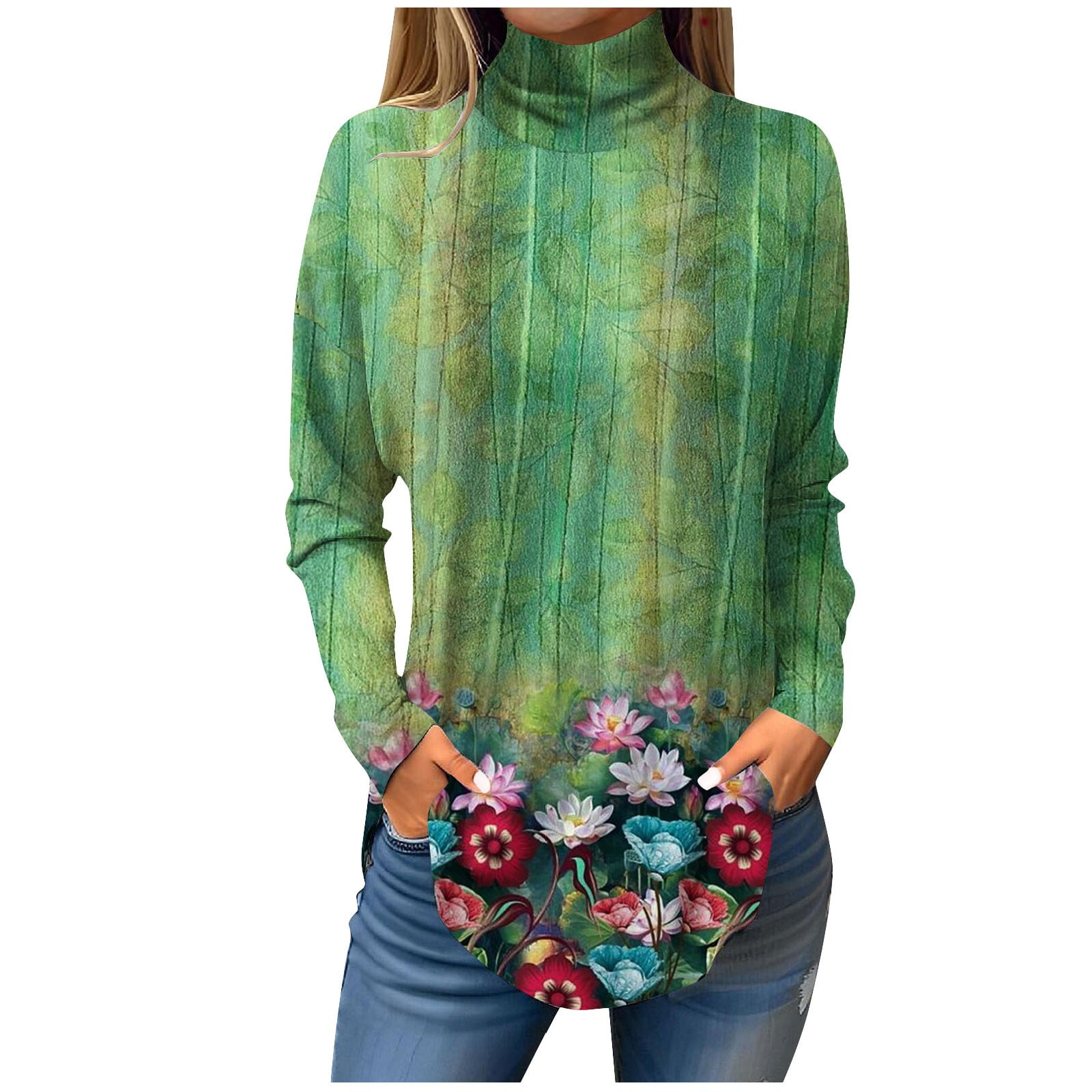 DENGDENG Women's Blouses Long Sleeve Turtleneck Shirts Plus Size Floral ...
