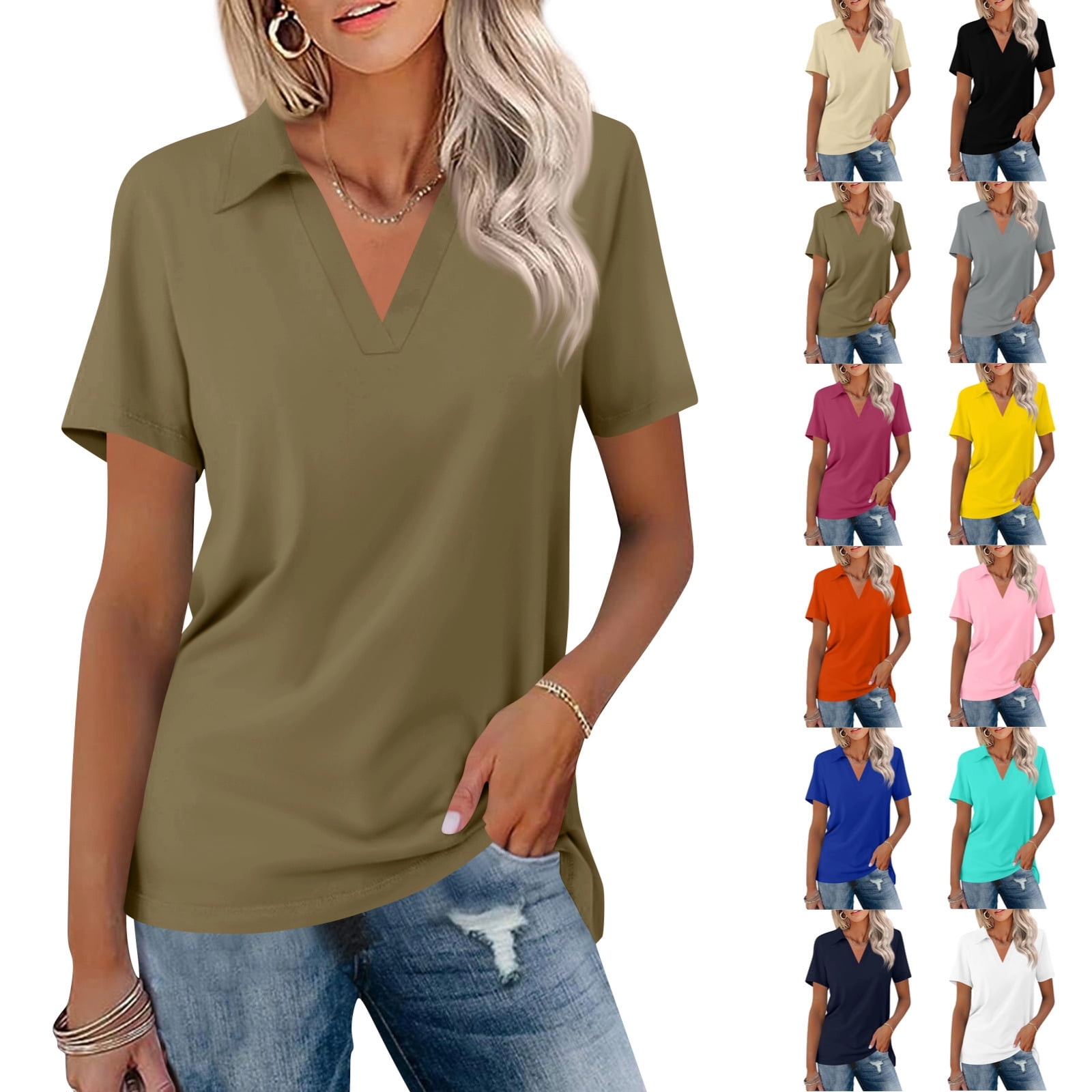 DENGDENG Women's Short Sleeve V Neck Polo Shirts Summer Collared Tops ...