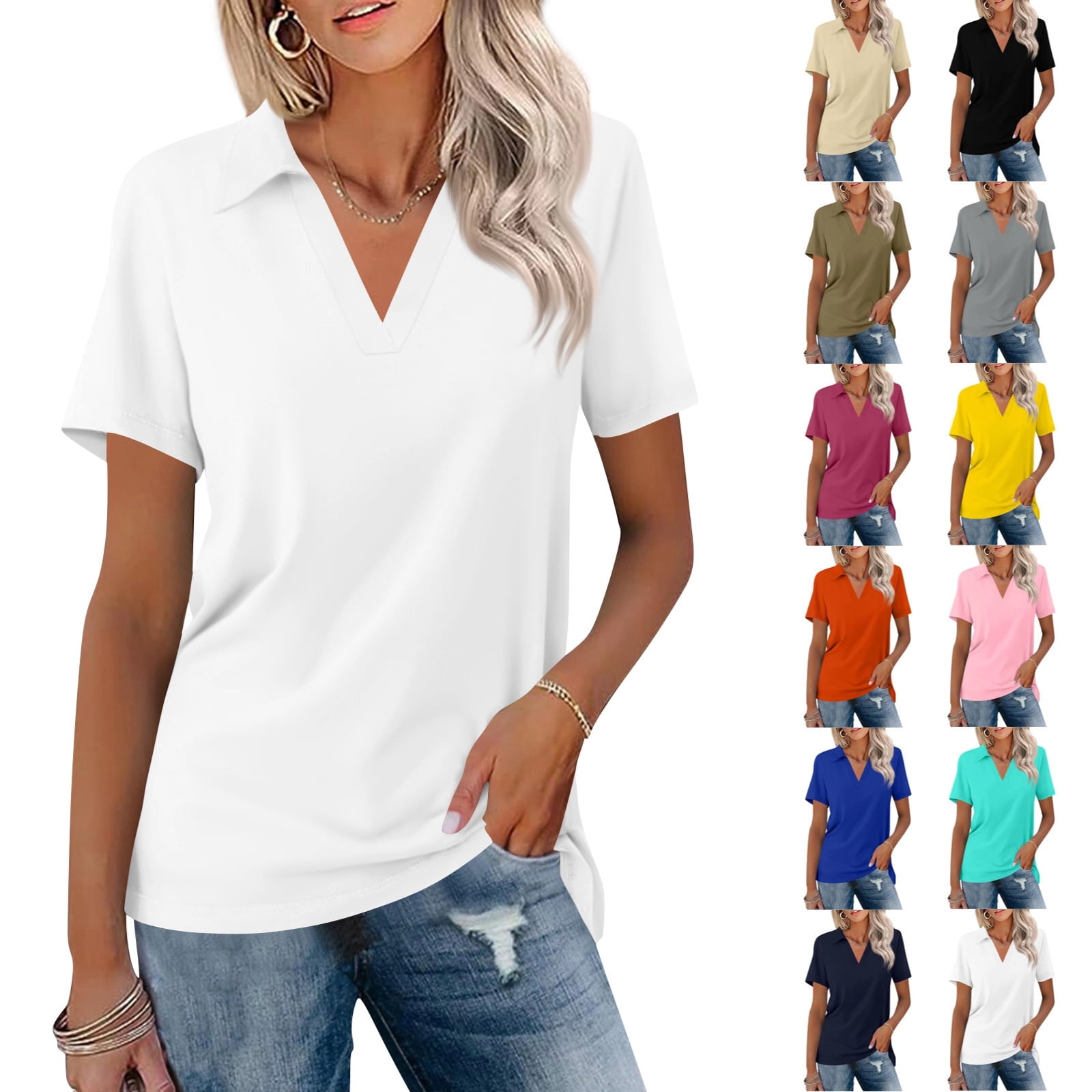 DENGDENG Women's Short Sleeve V Neck Polo Shirts Summer Collared Tops ...
