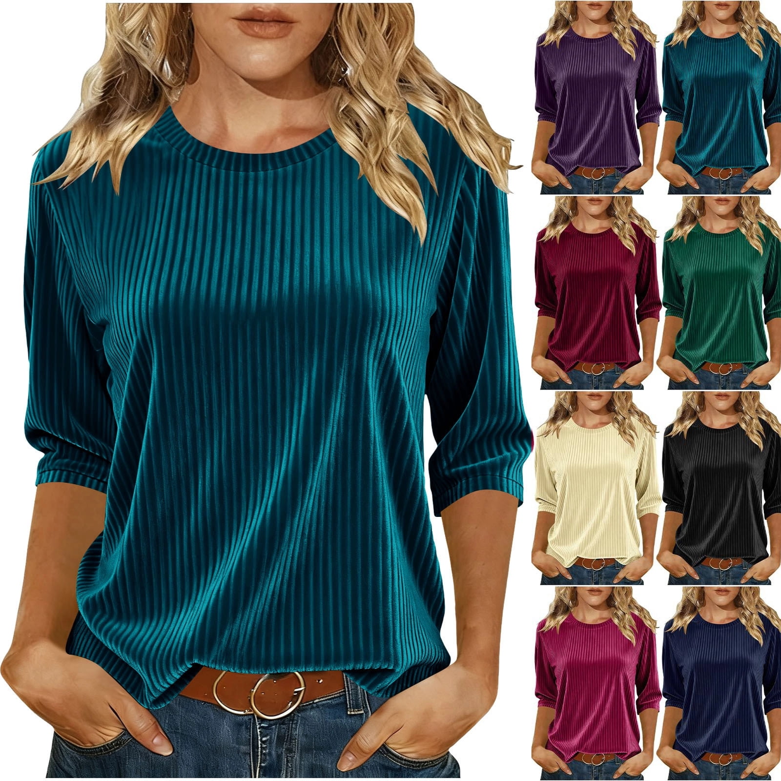 DENGDENG Women's Velvet Ribbed Tunic Top Long Sleeve Crewneck Velour ...
